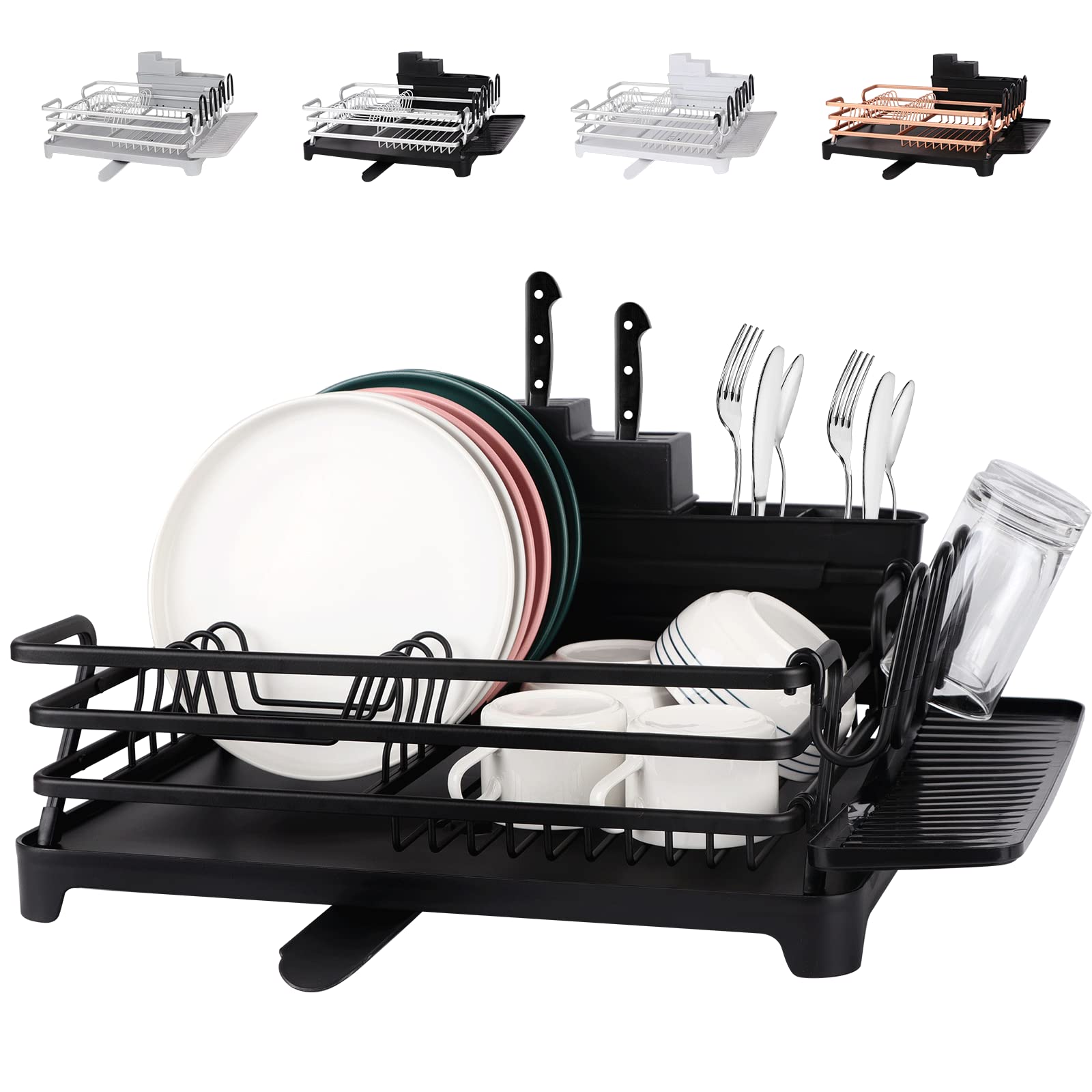 [Upgraded] Aluminum Dish Drying Rack, ROTTOGOON Rustproof Dish Rack and Drainboard Set with Drainage, Utensil Holder, Cup Holder, Compact Dish Drainer for Kitchen Counter Cabinet, 16.9" x 12.2", Black
