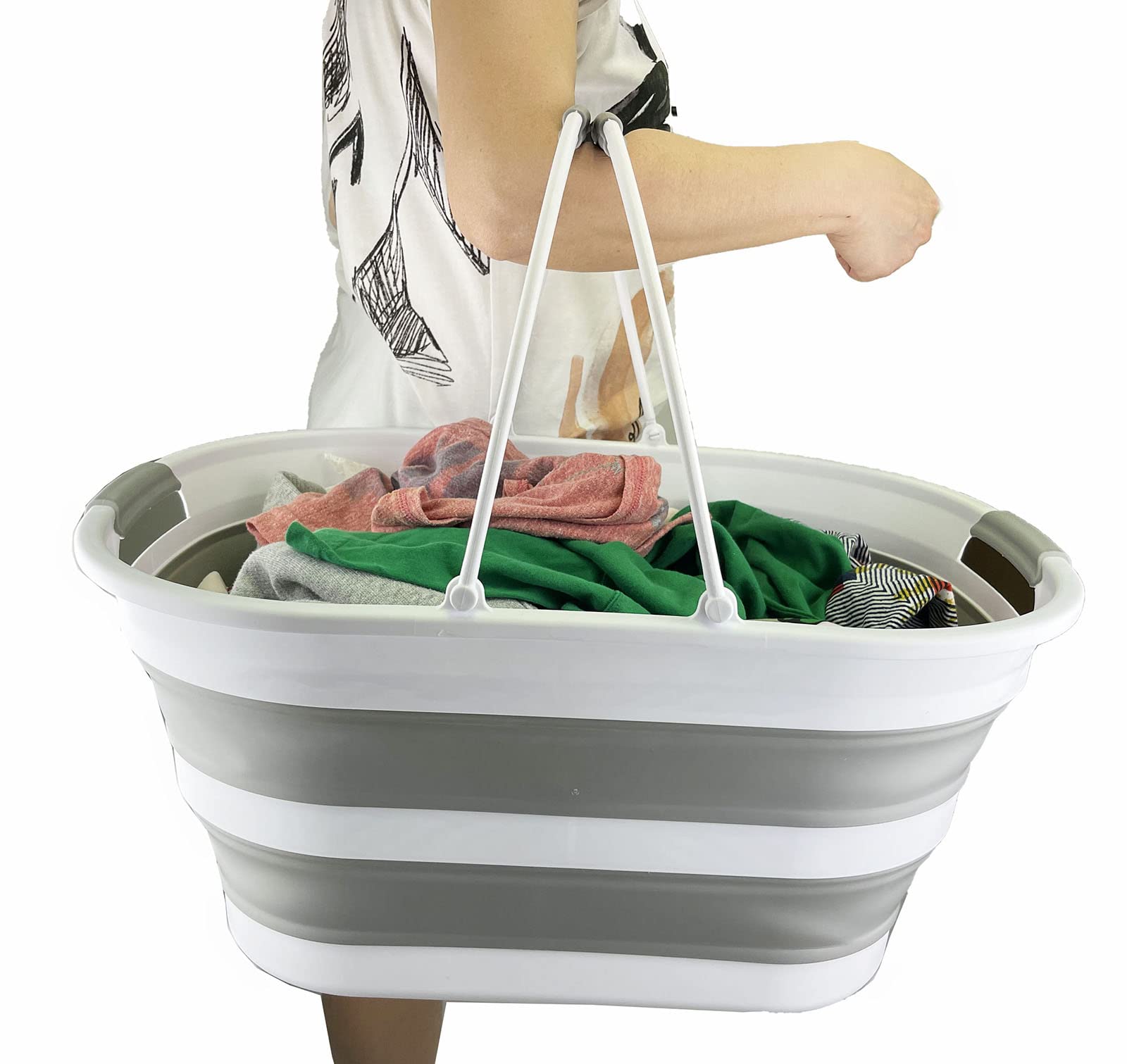 SAMMART 38L (10 Gallons) Collapsible Plastic Laundry Basket - Foldable Storage Container/Organizer - Portable Washing Tub - Space Saving Laundry Hamper (White/Grey)