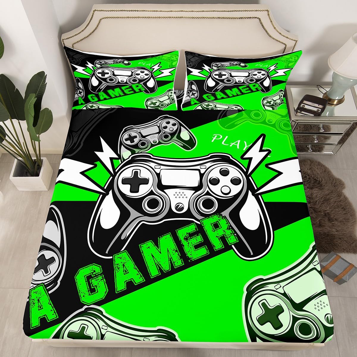 Erosebridal Gamer Bedding Sets for Boys Girls Kids,Gamepad Gaming Sheets Full Size Modern Game Room Decor,Games Console Fitted Sheet Black Green Bedroom Decor with 2 Pillowcases