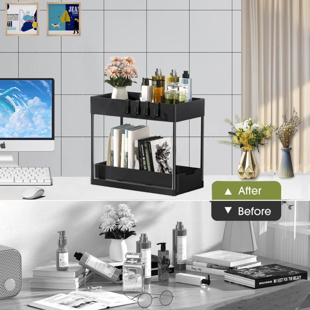 Under Sink Organizers and Storage, 2 Pack Under Bathroom Storage Rack, Under Cabinet Organizer, Bathroom Organizer with Hooks, Multi-purpose Storage Shelf for Kitchen, Bathroom, Family