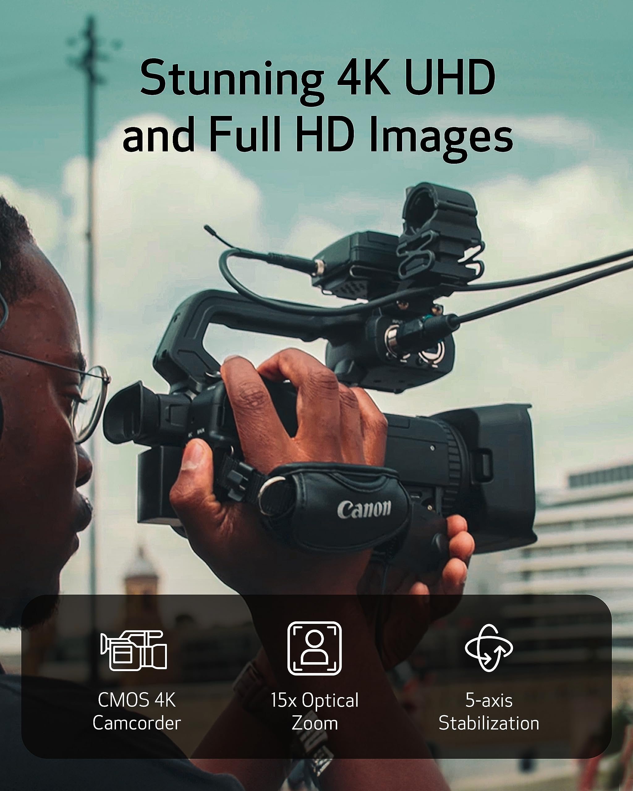 Canon XA70 Pro Camcorder 1β 4K UHD CMOS Sensor, Dual-Pixel CMOS AF, 15x Optical Zoom, 600x Digital Zoom, Image Stabilization, HDMI, USB Live Streaming, Time Stamp On-Screen Disp. Recording, XLR inputs