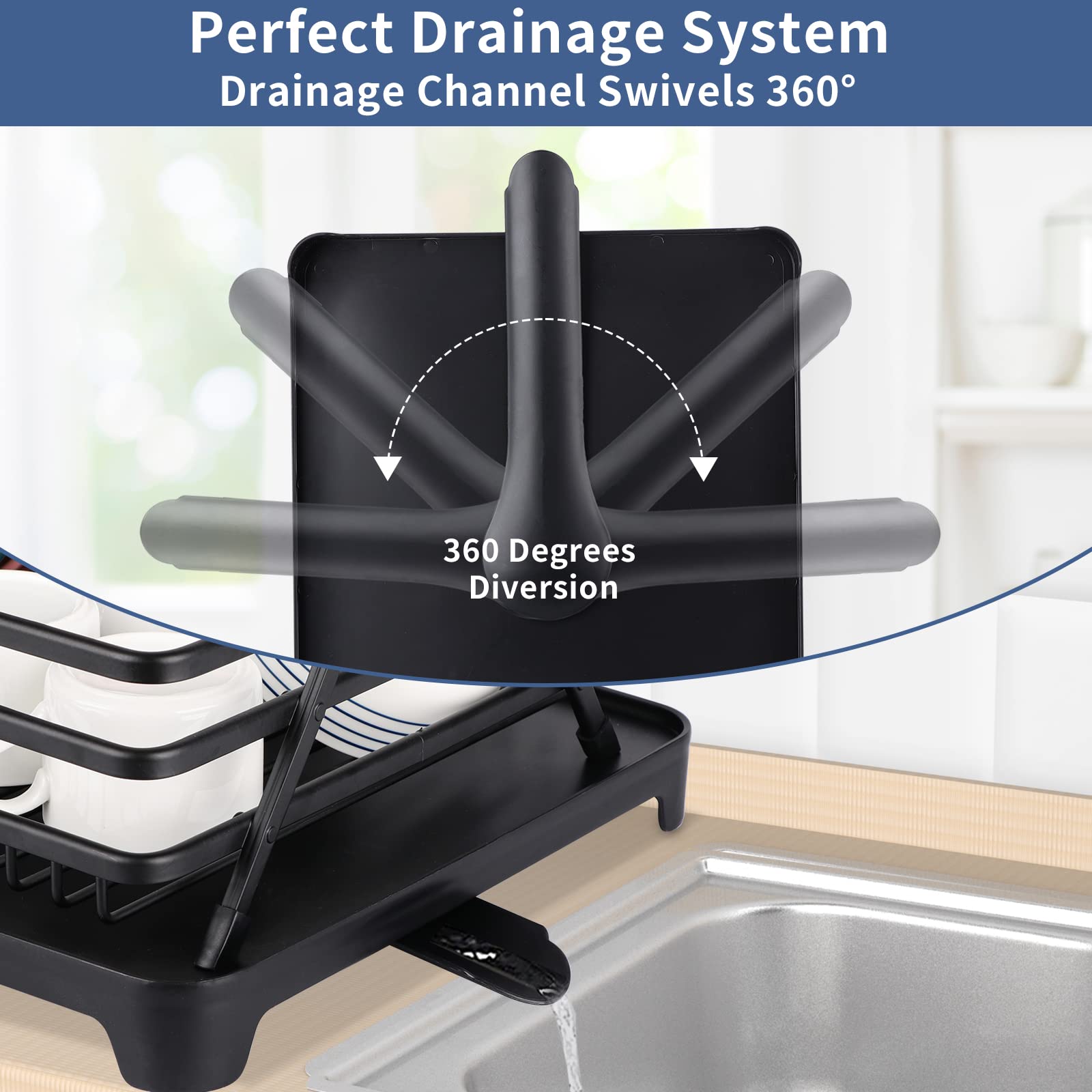 [Upgraded] Aluminum Dish Drying Rack, ROTTOGOON Rustproof Dish Rack and Drainboard Set with Drainage, Utensil Holder, Cup Holder, Compact Dish Drainer for Kitchen Counter Cabinet, 16.9" x 12.2", Black