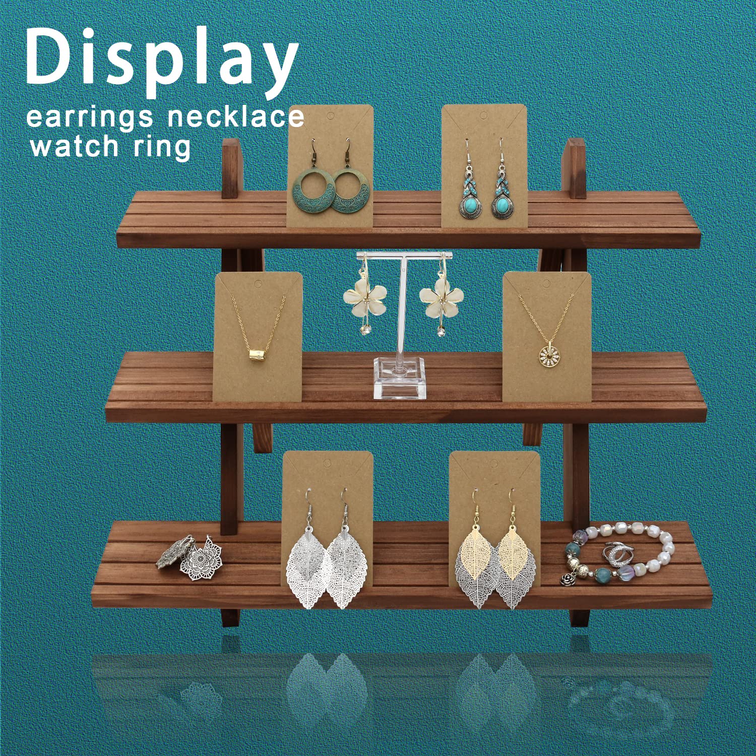 Auroal 51pcs 3-Tier Wood Earring Display Stand, Retail Display Riser Earring, Ring Holder Stand, Removable Countertop Small Merchandise Display Stand with 50 Pcs Earring Card (Light Brown)