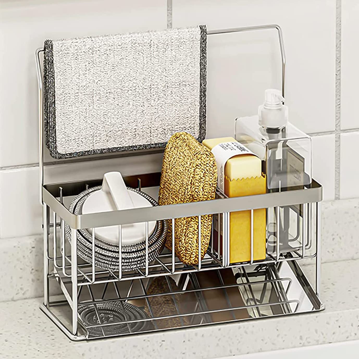 sink sponge holder,sink caddy kitchen sink organizer,Kitchen Sink Organizer with Auto Drain Pan,Stainless Steel 304 Dish Sponge Holder for Kitchen Sink Countertop Brush Soap Dispenser with Dish Towel