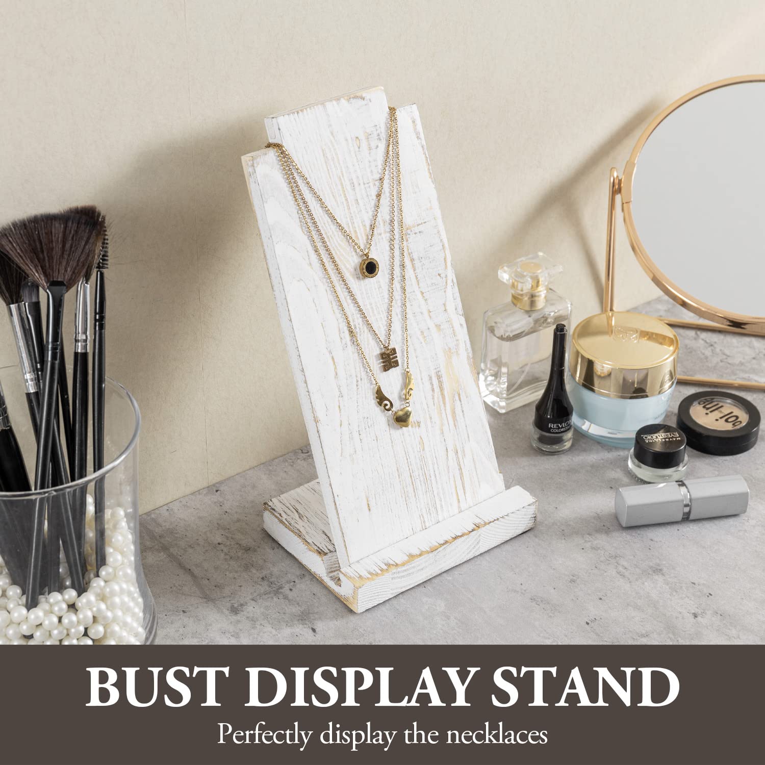 MyGift Shabby Chic White Washed Solid Wood Necklace Easel Stand with Detachable Board and Base, Tabletop Adjustable Bust Jewelry Holder for Retail Display