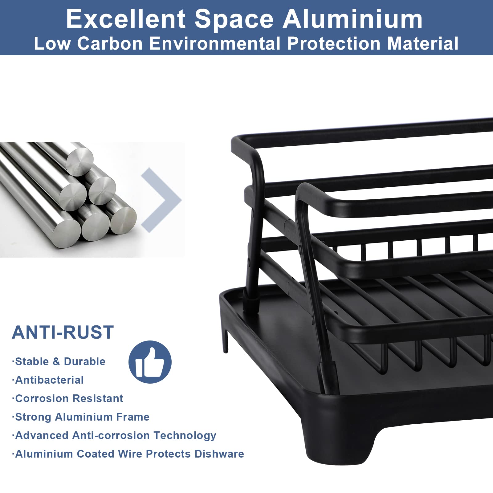 [Upgraded] Aluminum Dish Drying Rack, ROTTOGOON Rustproof Dish Rack and Drainboard Set with Drainage, Utensil Holder, Cup Holder, Compact Dish Drainer for Kitchen Counter Cabinet, 16.9" x 12.2", Black