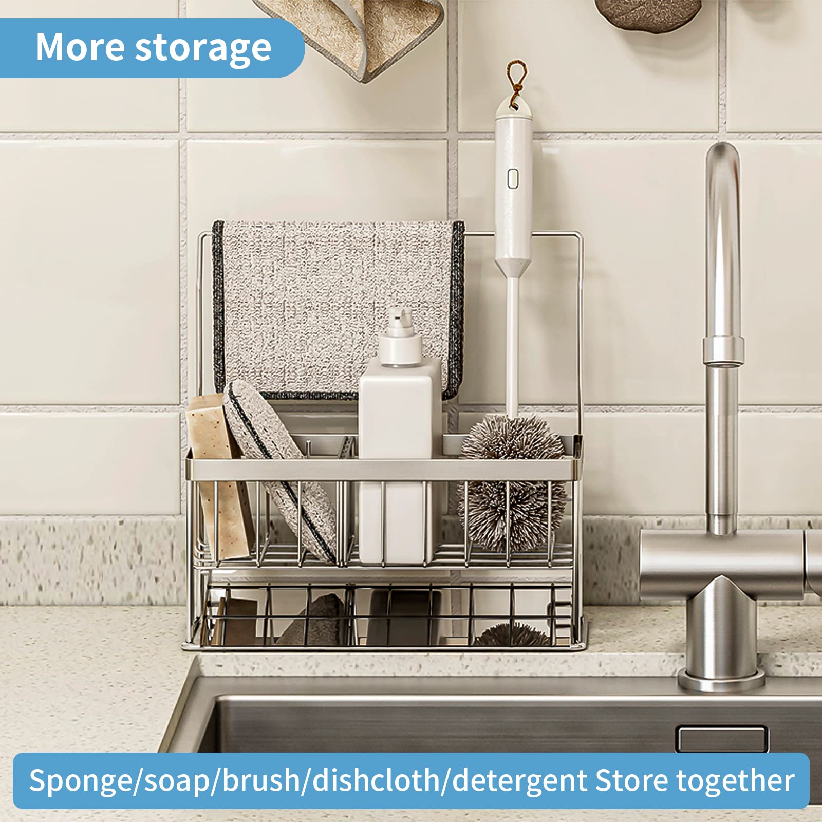 sink sponge holder,sink caddy kitchen sink organizer,Kitchen Sink Organizer with Auto Drain Pan,Stainless Steel 304 Dish Sponge Holder for Kitchen Sink Countertop Brush Soap Dispenser with Dish Towel