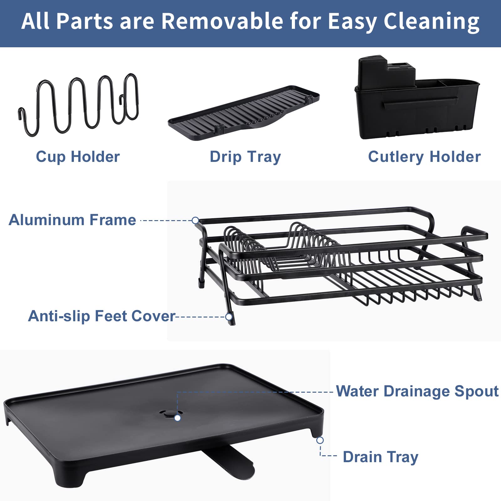 [Upgraded] Aluminum Dish Drying Rack, ROTTOGOON Rustproof Dish Rack and Drainboard Set with Drainage, Utensil Holder, Cup Holder, Compact Dish Drainer for Kitchen Counter Cabinet, 16.9" x 12.2", Black