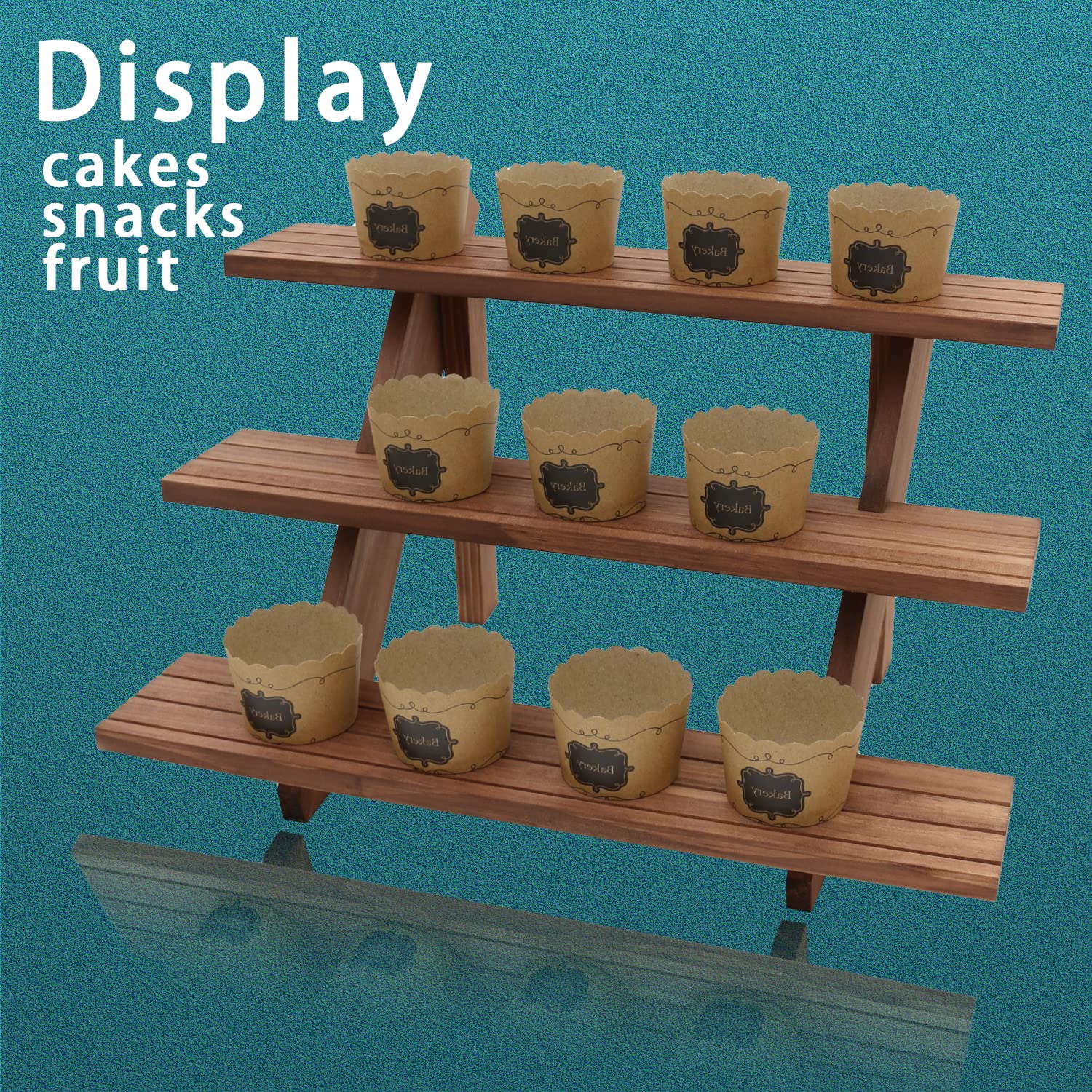 Auroal 51pcs 3-Tier Wood Earring Display Stand, Retail Display Riser Earring, Ring Holder Stand, Removable Countertop Small Merchandise Display Stand with 50 Pcs Earring Card (Light Brown)