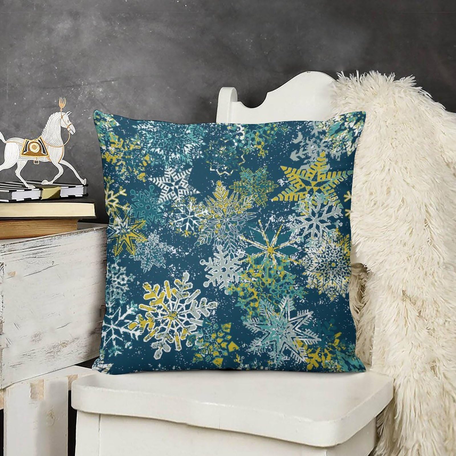 Meaudiwes Square Decorative Pillow Covers 24" X 24", Christmas Decorations Snowflakes Cushion Cover Soft Short Plush Pillowslip for Sofa Bedroom Home Decoration
