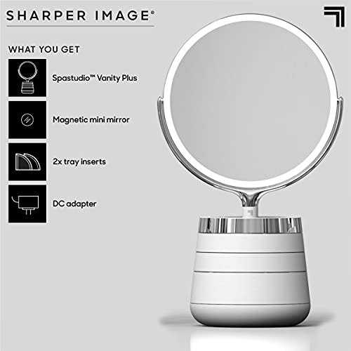 Sharper Image Spastudio Vanity Plus 10-Inch LED Mirror with Storage Trays, Touch-Activated Brightness Controls, Dimmable Halo Light Ring, 5X and 10X Magnification