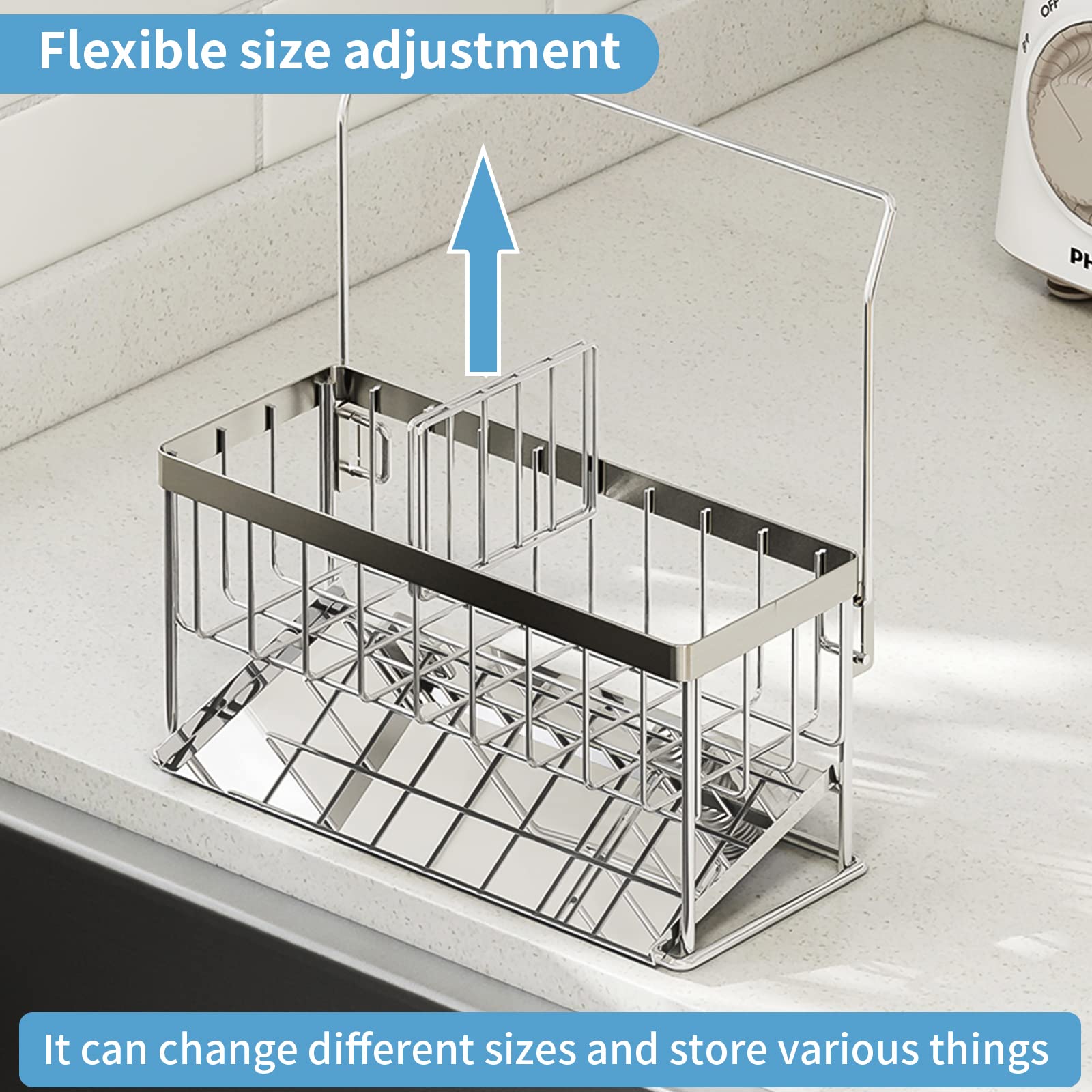 sink sponge holder,sink caddy kitchen sink organizer,Kitchen Sink Organizer with Auto Drain Pan,Stainless Steel 304 Dish Sponge Holder for Kitchen Sink Countertop Brush Soap Dispenser with Dish Towel