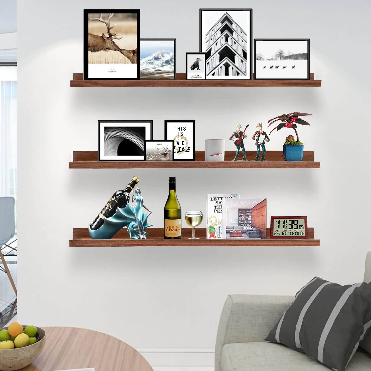 AZSKY 36 in Floating Book Shelves Rustic Wood Wall Picture Ledge Shelf for Storage Light Walnut Wall Mounted Picture Photo Display Shelf a Set of 3 Hanging Book Shelf