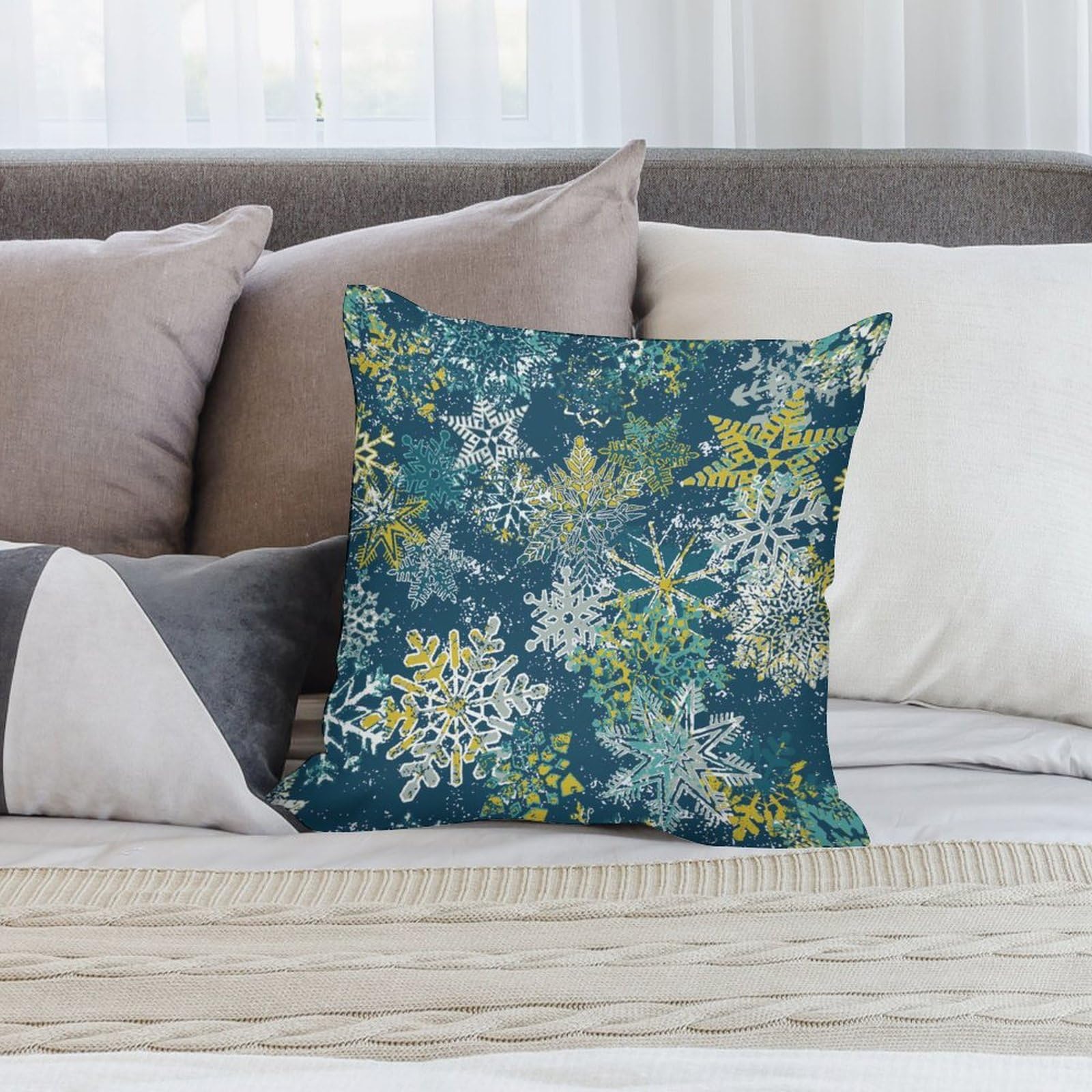 Meaudiwes Square Decorative Pillow Covers 24" X 24", Christmas Decorations Snowflakes Cushion Cover Soft Short Plush Pillowslip for Sofa Bedroom Home Decoration