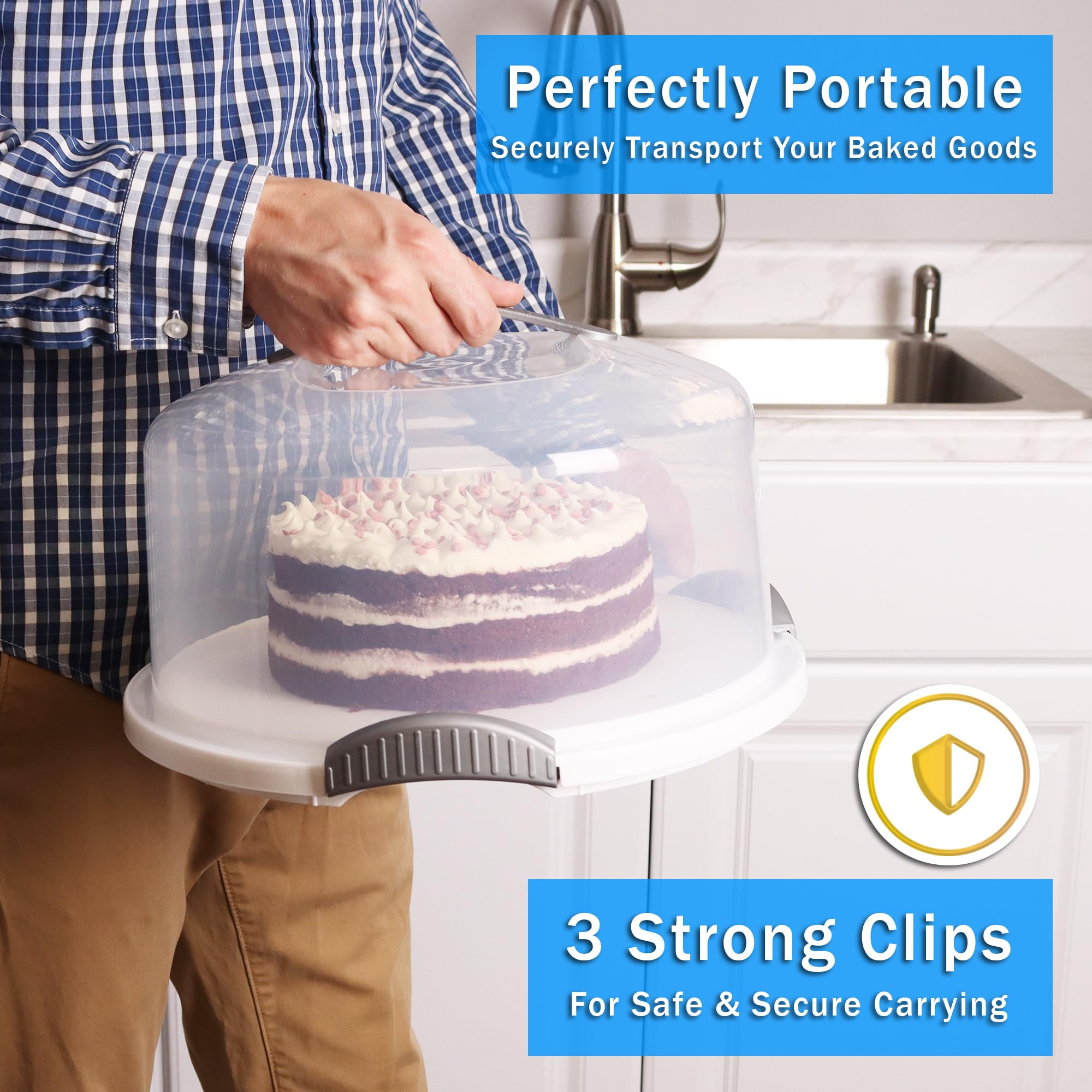JOEY'Z EXTRA LARGE Cake Carrier/Storage Container With Server Holds up to 12 inch 3-layer cake, White Gray Translucent Dome - Transports Cakes, Pies, or Other Desserts