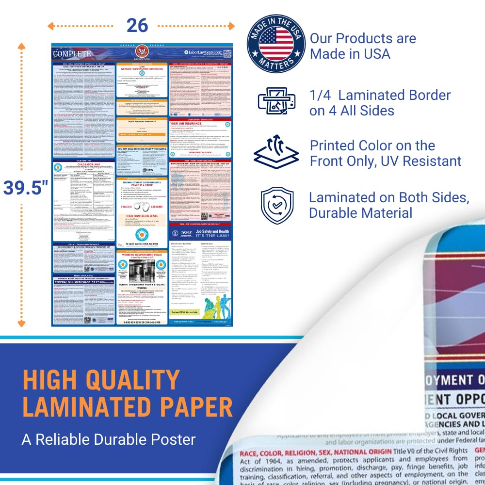 2023 California State & Federal Labor Law Poster - OSHA Workplace Compliant & Required - Current with Mandatory Updates for 2023 - UV Laminated & Waterproof - 25" x 39" (English)