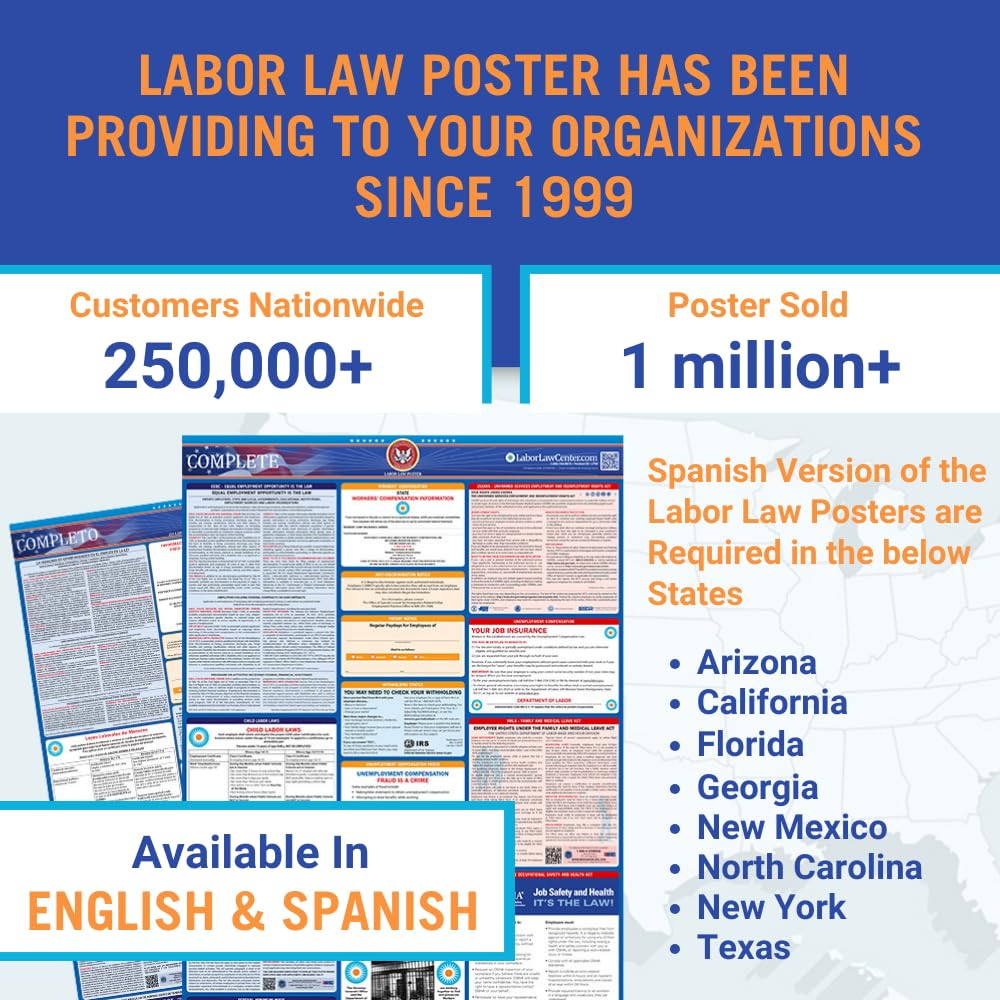 2023 California State & Federal Labor Law Poster - OSHA Workplace Compliant & Required - Current with Mandatory Updates for 2023 - UV Laminated & Waterproof - 25" x 39" (English)
