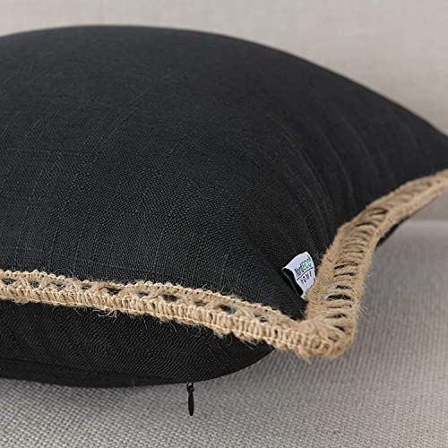 NordECO HOME Set of 2 Farmhouse Throw Pillow Covers - Burlap Linen Trimmed Tailored Edges Decorative Cushion Covers for Bed Home Decoration, 18 x 18, Black