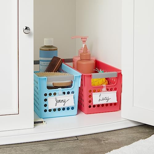 Farmlyn Creek 4 Pack Plastic Baskets with Handles, Narrow Storage Bins for Organizing, Kitchen and Laundry Shelves, Small Nesting Containers (4 Colors, 11.5 x 5 x 5 inch)