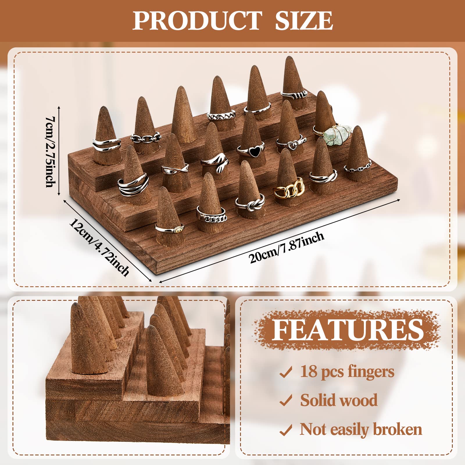Juexica Wood Ring Display 2 Pieces Ring Holder for Jewelry Wooden Ring Stand Jewelry Counter Showcase 3 Step Ring Organizer for 18 Rings Storage Selling (Brown)