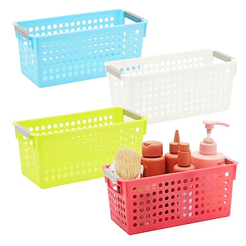 Farmlyn Creek 4 Pack Plastic Baskets with Handles, Narrow Storage Bins for Organizing, Kitchen and Laundry Shelves, Small Nesting Containers (4 Colors, 11.5 x 5 x 5 inch)
