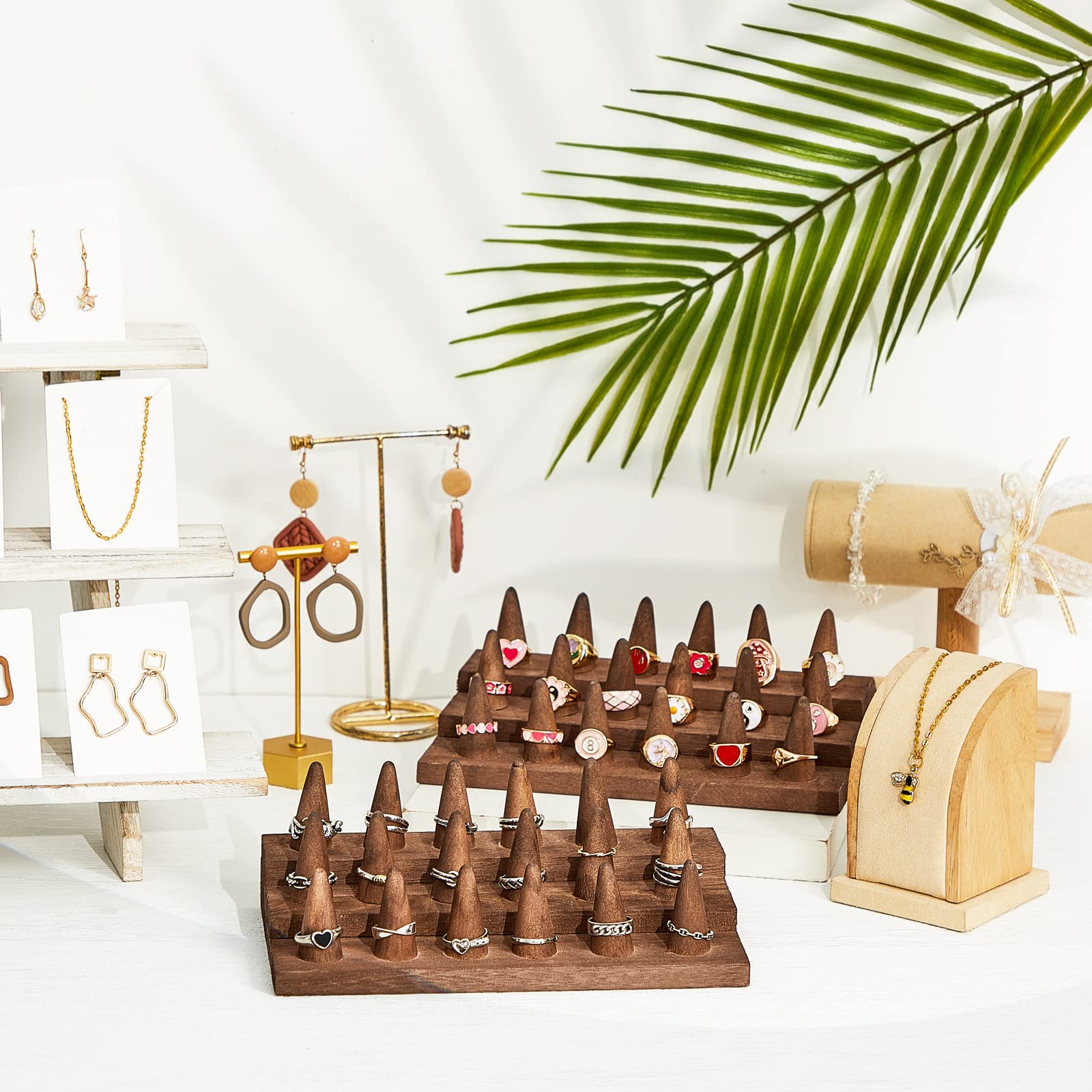 Juexica Wood Ring Display 2 Pieces Ring Holder for Jewelry Wooden Ring Stand Jewelry Counter Showcase 3 Step Ring Organizer for 18 Rings Storage Selling (Brown)