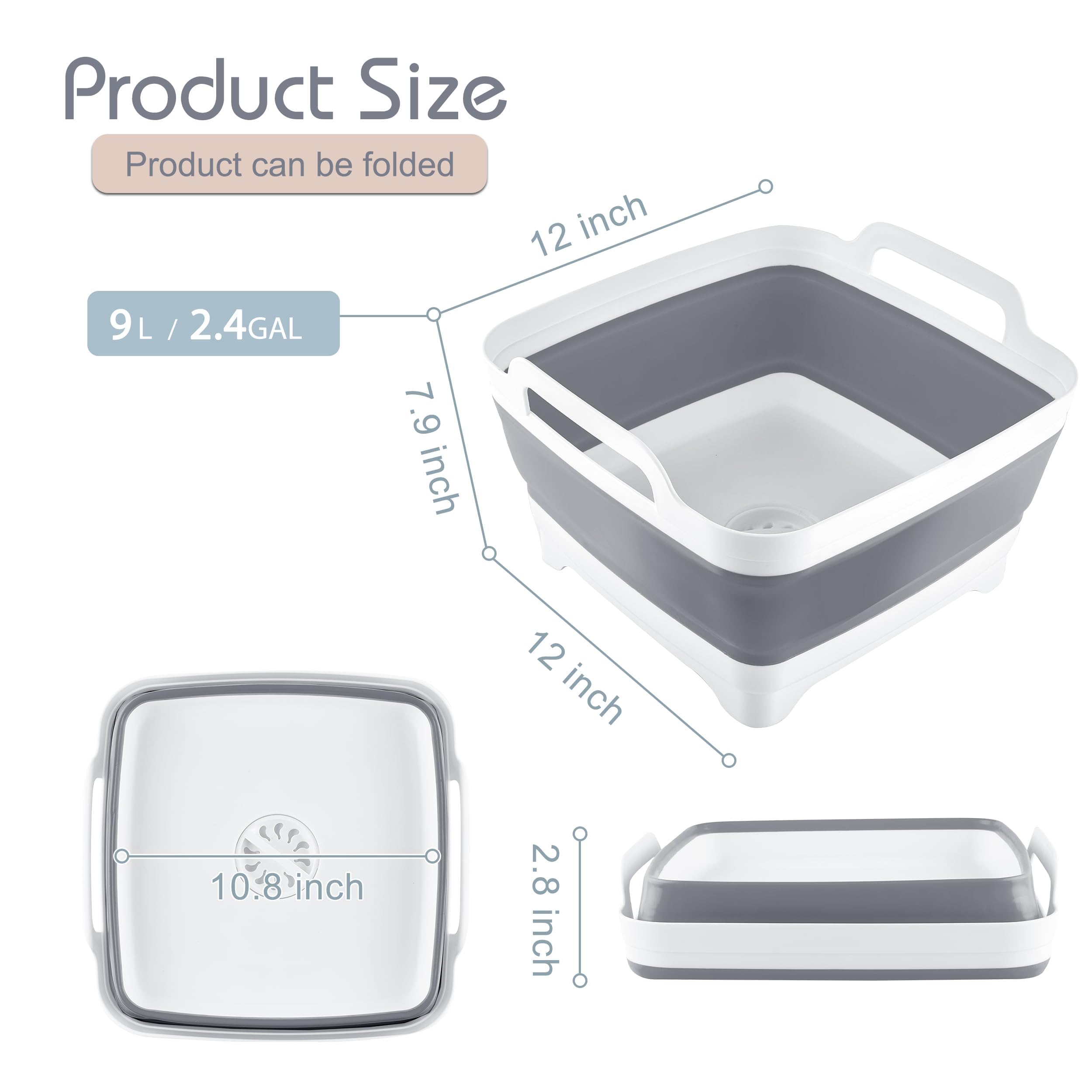 Goderewild 2.4 Gal(9L) Collapsible Dish Basin with Drain Plug, Space Saving Outdoor Multiuse Foldable Sink Tub, Dishpan, Kitchen Storage Tray for Camping, Vegetable Washing, RV