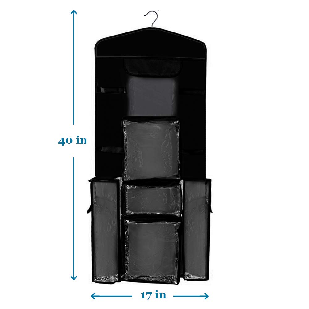 ProPik Hanging Double Sided Wrapping Paper Storage Organizer With Multiple Pockets Organize Your Gift Wrap, Gift Bags Bows Ribbons 40"X17" Fits 40 Inch Rolls Clear PVC Bag (Black)