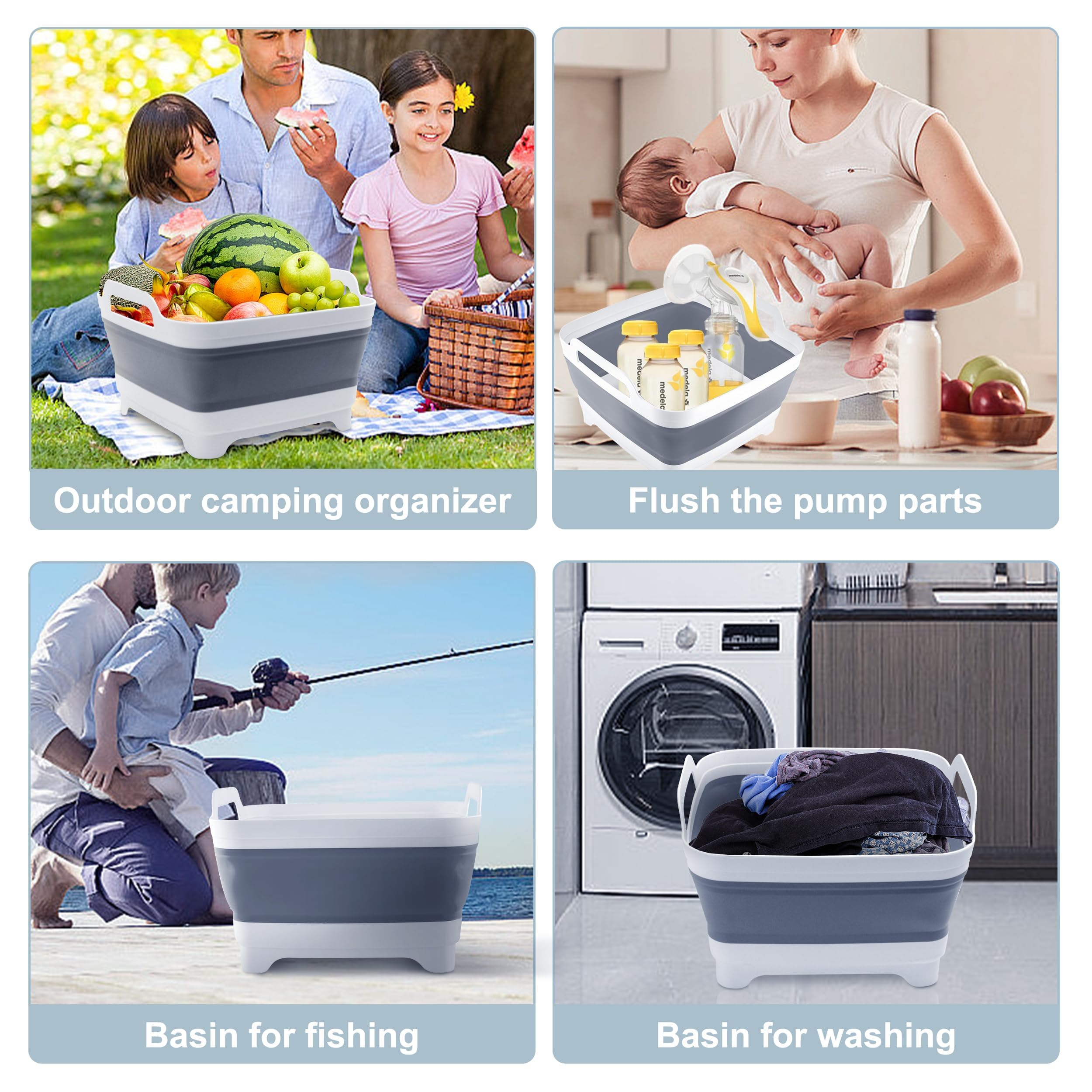 Goderewild 2.4 Gal(9L) Collapsible Dish Basin with Drain Plug, Space Saving Outdoor Multiuse Foldable Sink Tub, Dishpan, Kitchen Storage Tray for Camping, Vegetable Washing, RV