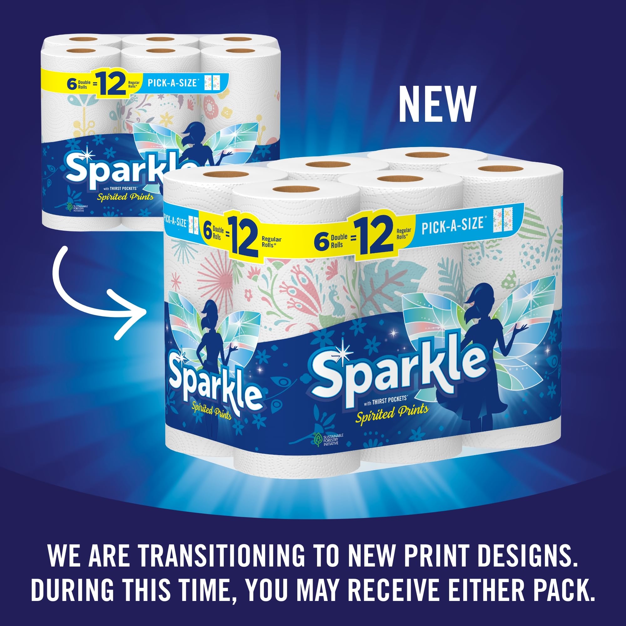 SparkleĀ® Pick-A-SizeĀ® Spirited Prints Paper Towels, 6 Double Rolls = 12 Regular Rolls