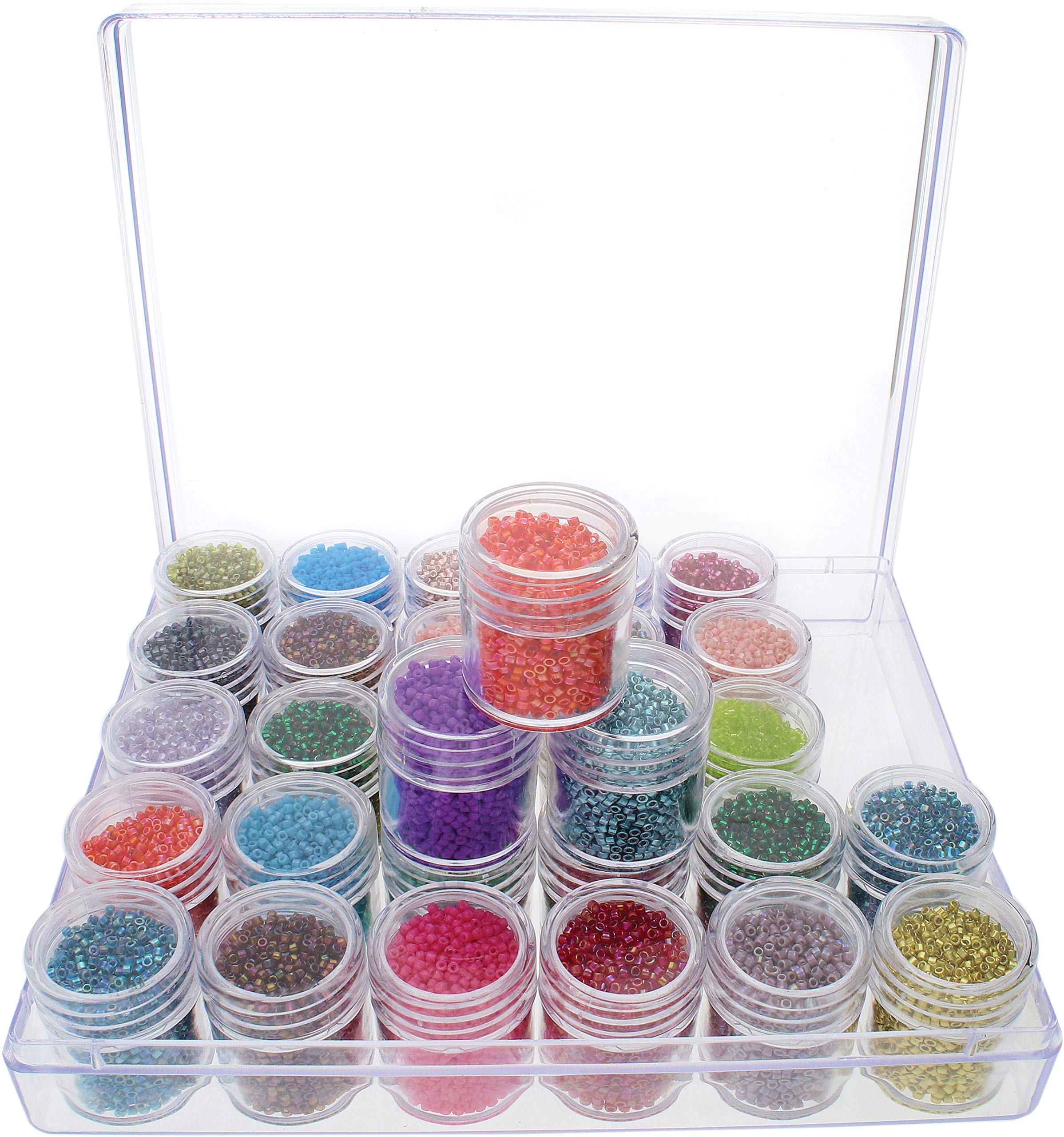The Beadsmith Personality Case - Clear Storage Organizer Box, 6.4 x 5.4 x 1.25 inches - Includes 30 Small Containers with lids β 1 x 1.1 inches, Bead Holder