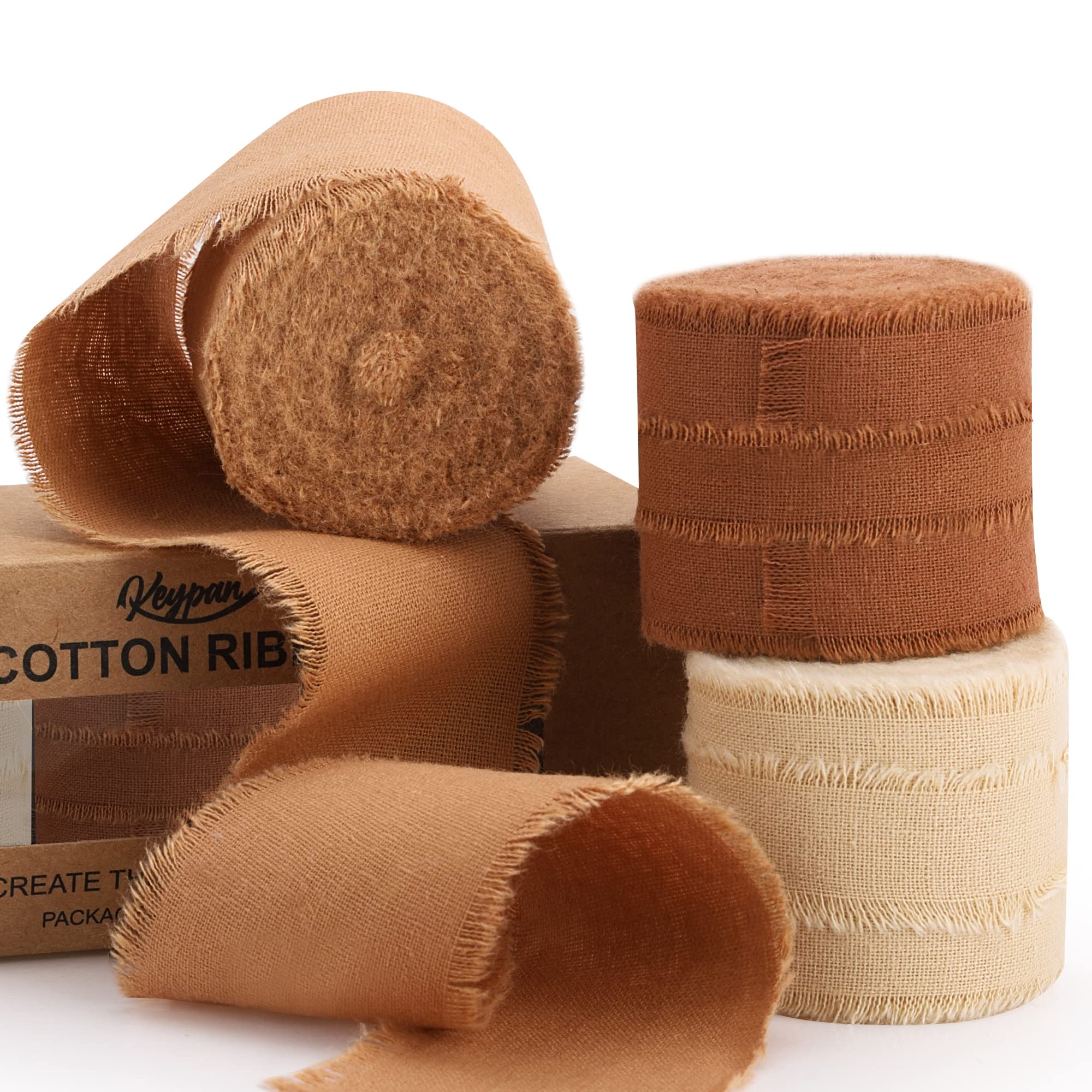 Keypan Brown Ribbon for Gift Wrapping, Handmade Fringe Ribbons for Crafts Bridal Bouquets Wedding Invitation Decorations Cotton 3 Rolls 1.6" x 5 Yards