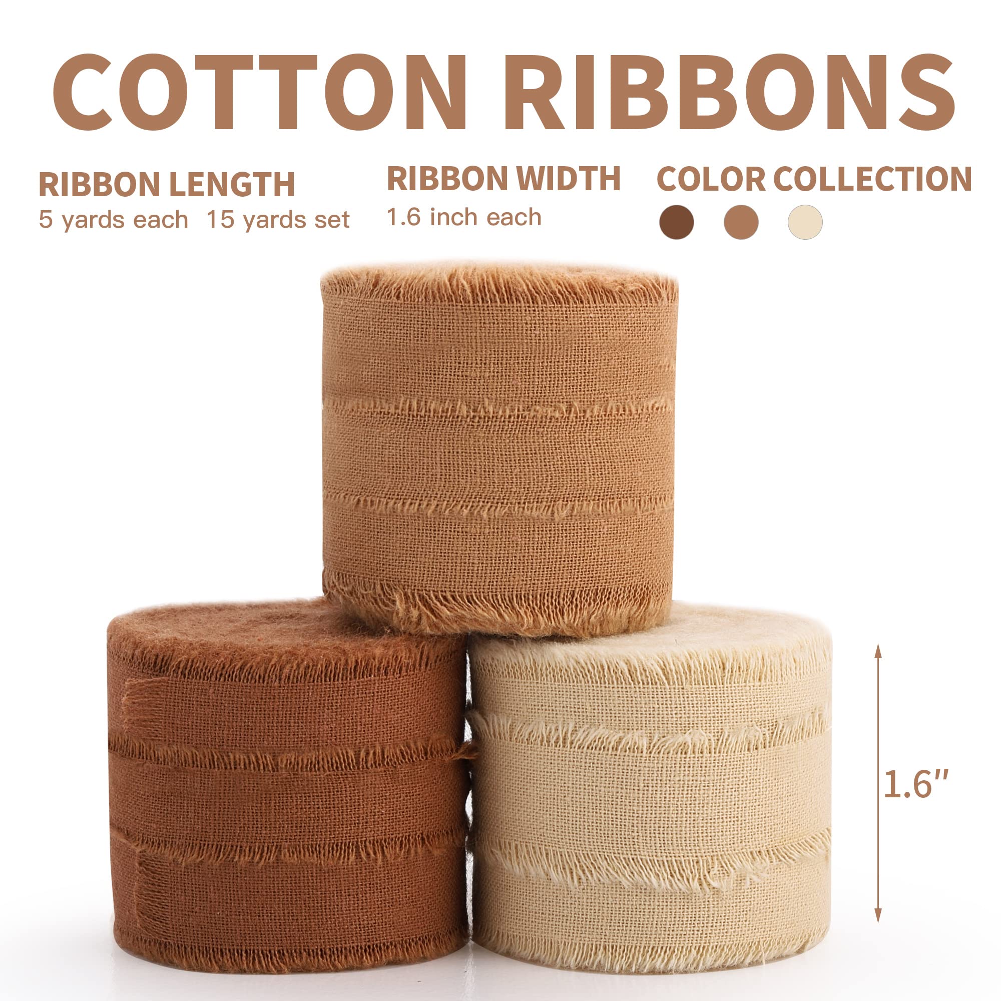 Keypan Brown Ribbon for Gift Wrapping, Handmade Fringe Ribbons for Crafts Bridal Bouquets Wedding Invitation Decorations Cotton 3 Rolls 1.6" x 5 Yards