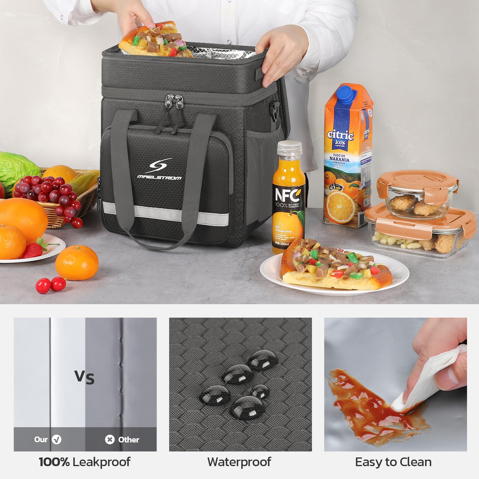 Women/Men,Reusable Lunch Box for Men,Insulated Lunch Cooler bag for Adults Kids,Collapsible Leakproof Lunch Tote Bag for Work Office School Picnic Beach-Medium,Grey