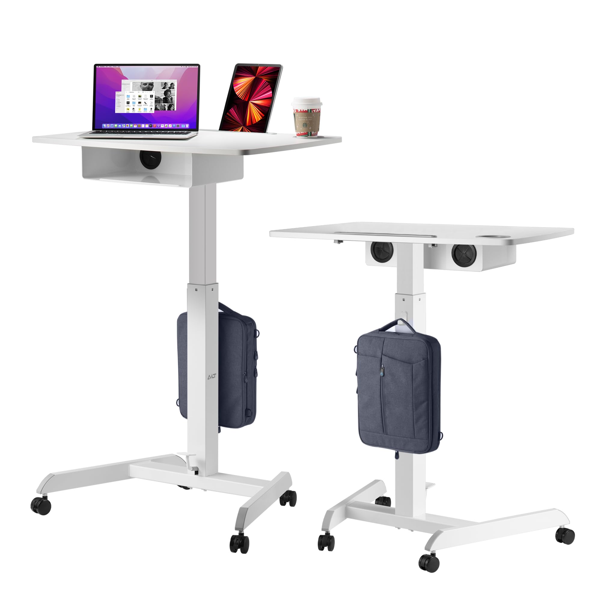 AVLT 44" Height Adjustable Foot Pedal Rolling Desk with Shelf (3 ft 8 inches) - Pneumatic Laptop Standing Desk Cart - Mobile Laptop Cart - White Computer Projector Cart with Brake Casters