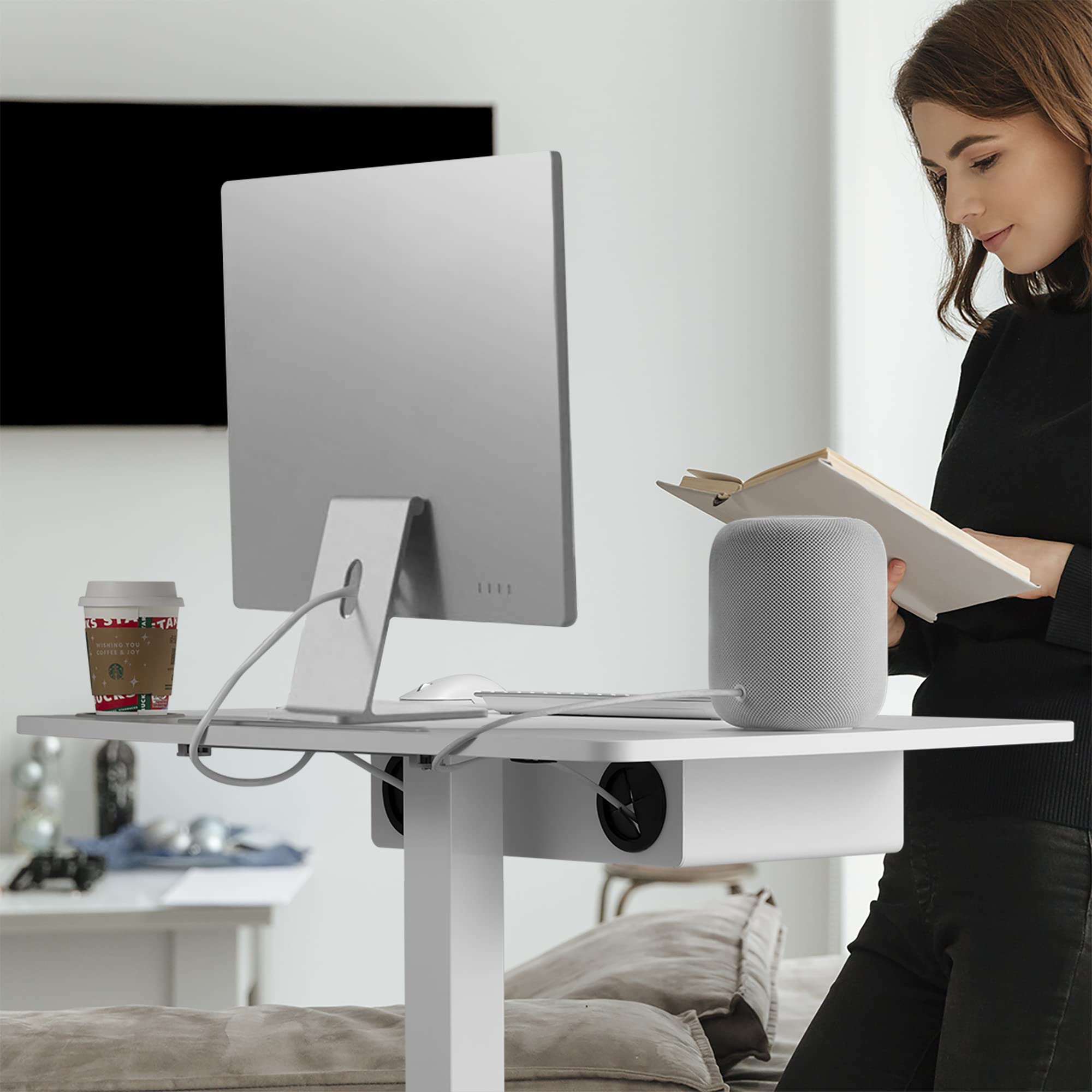 AVLT 44" Height Adjustable Foot Pedal Rolling Desk with Shelf (3 ft 8 inches) - Pneumatic Laptop Standing Desk Cart - Mobile Laptop Cart - White Computer Projector Cart with Brake Casters