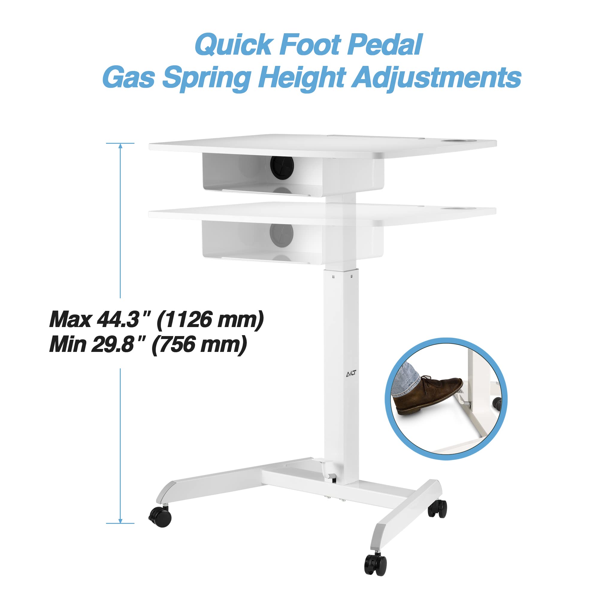 AVLT 44" Height Adjustable Foot Pedal Rolling Desk with Shelf (3 ft 8 inches) - Pneumatic Laptop Standing Desk Cart - Mobile Laptop Cart - White Computer Projector Cart with Brake Casters