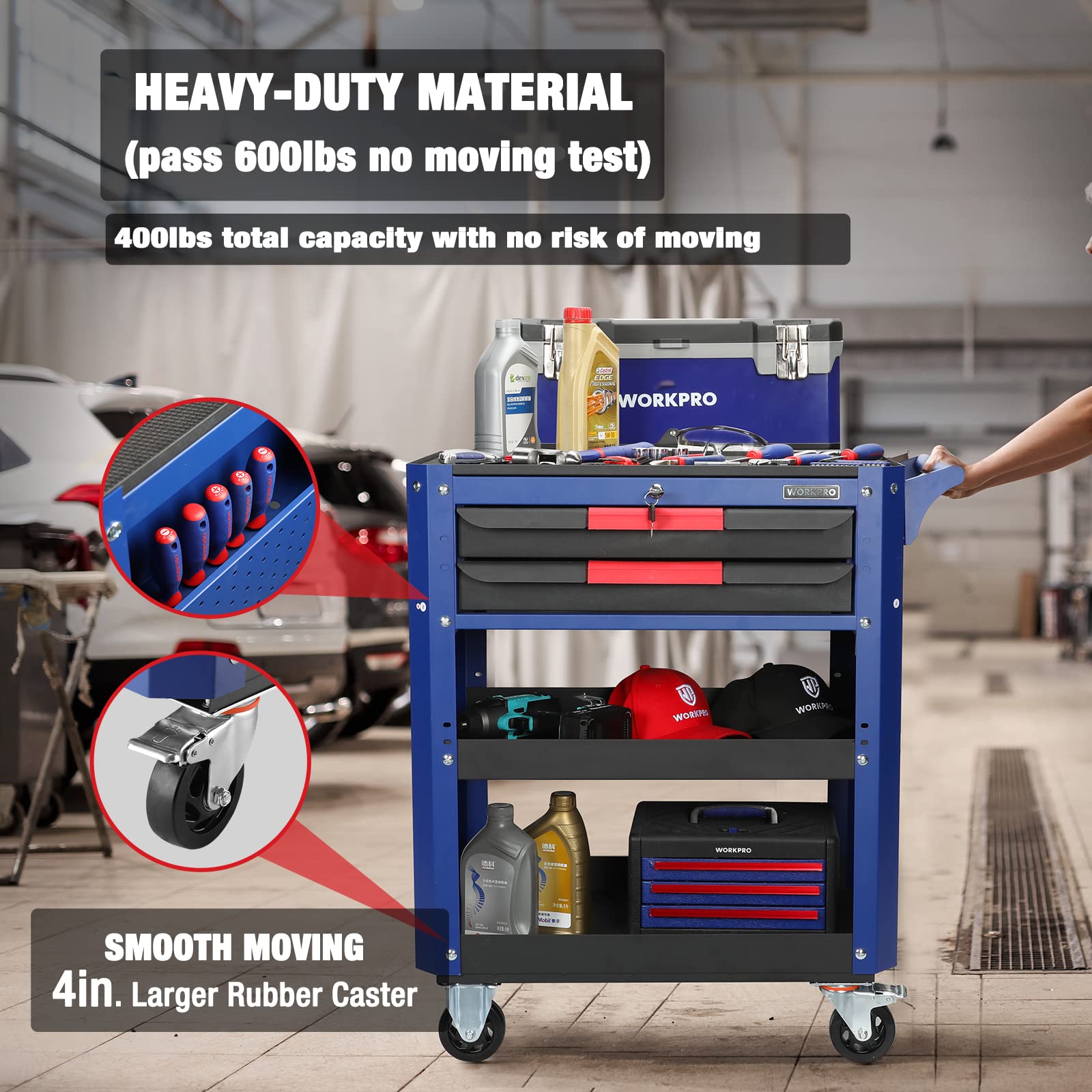 WORKPRO 28” Rolling Tool Cart, Premium 2-Drawer Utility Cart, Heavy Duty Industrial Storage Organizer Mechanic Service Cart with Wheels and Locking System, 400 lbs Load