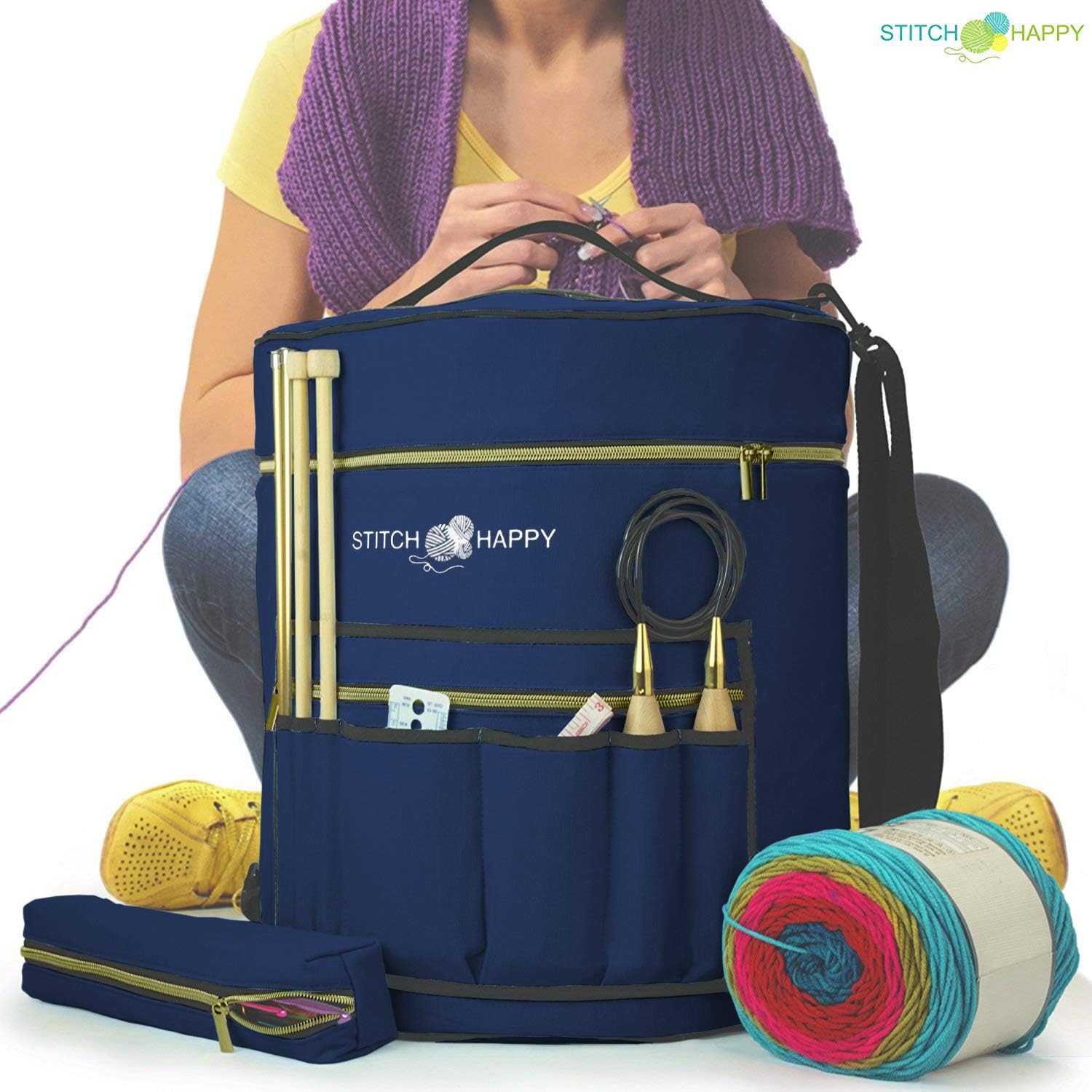 Stitch Happy XL Knitting Bag (Navy): 7 Pocket Yarn Bag, Crochet Bag, Yarn Storage, Crochet Storage