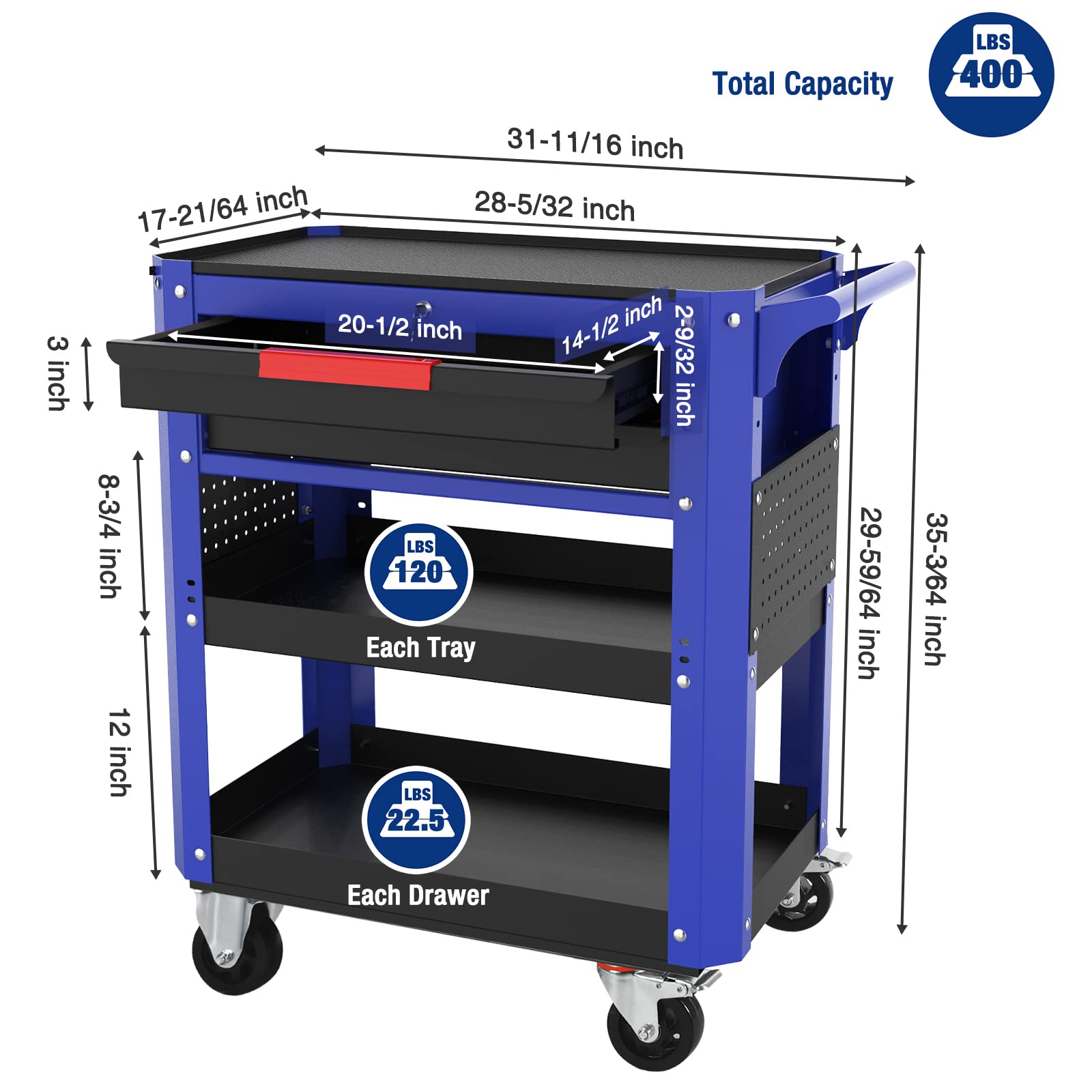 WORKPRO 28” Rolling Tool Cart, Premium 2-Drawer Utility Cart, Heavy Duty Industrial Storage Organizer Mechanic Service Cart with Wheels and Locking System, 400 lbs Load