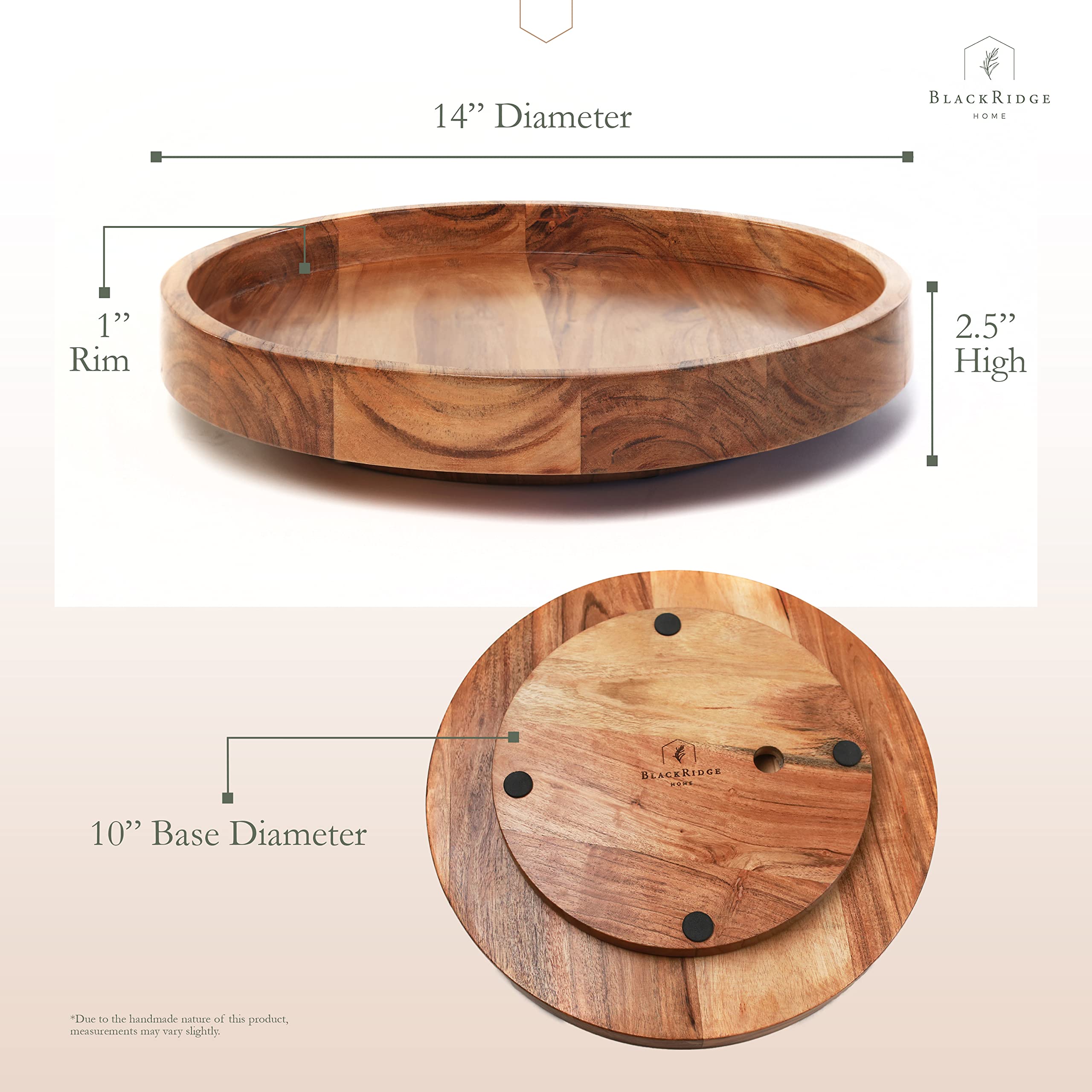 BlackRidge Home Lazy Susan Organizer, 14 inch Rustic Farmhouse Acacia Wood Lazy Susan Turntable, Wooden Lazy Susan Turntable for Table, Kitchen Countertop, Dining, Decorative Lazy Susan for Counter