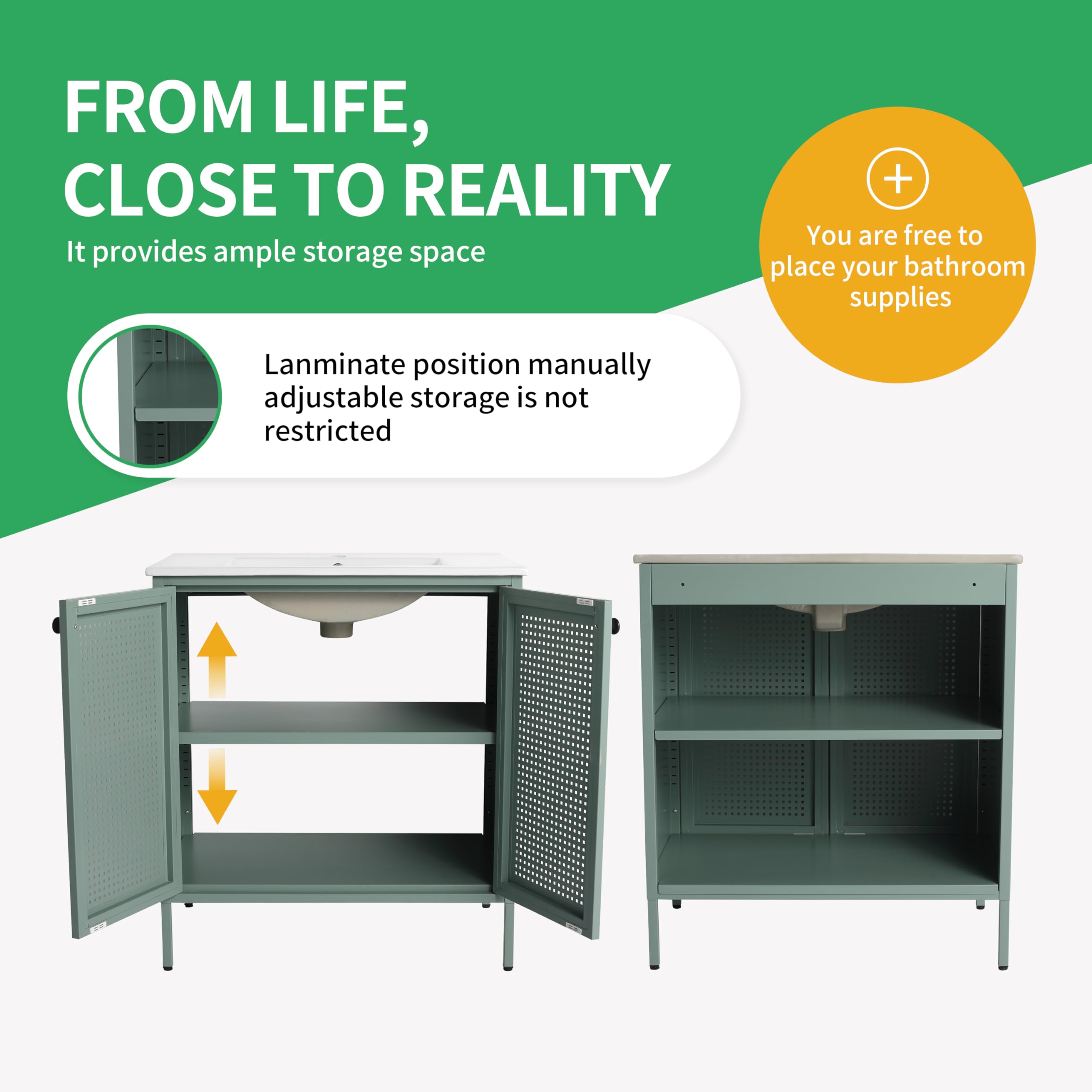 San Merah 30 Inch Bathroom Vanity with Sink Combo,Floor-Mounted Bathroom Vanity with Soft Close Doors&Adjustable Shelf,Modern Freestanding Bathroom Vanity with Top Basin & Storage Cabinet,Green
