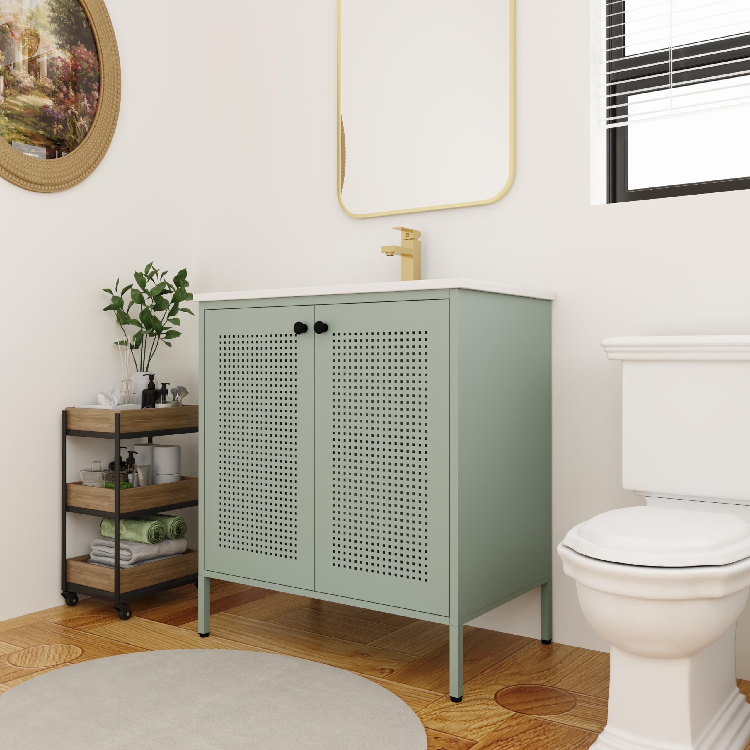 San Merah 30 Inch Bathroom Vanity with Sink Combo,Floor-Mounted Bathroom Vanity with Soft Close Doors&Adjustable Shelf,Modern Freestanding Bathroom Vanity with Top Basin & Storage Cabinet,Green