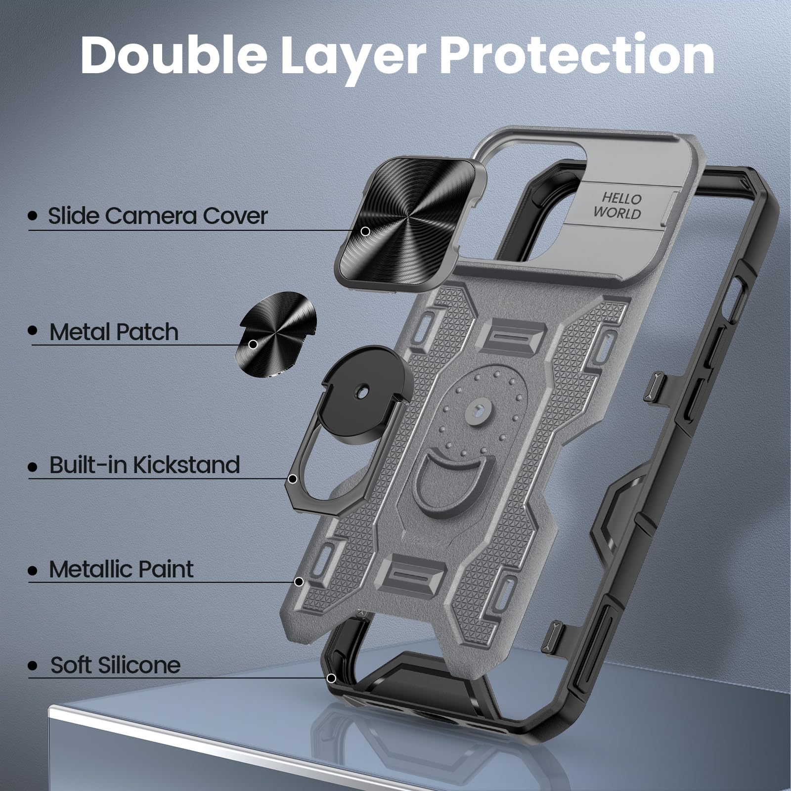 VEGO iPhone 14 Pro Max Case with Slide Camera Cover, Built-in 360 Rotate Ring Kickstand, Magnetic Protective Cover, Grey