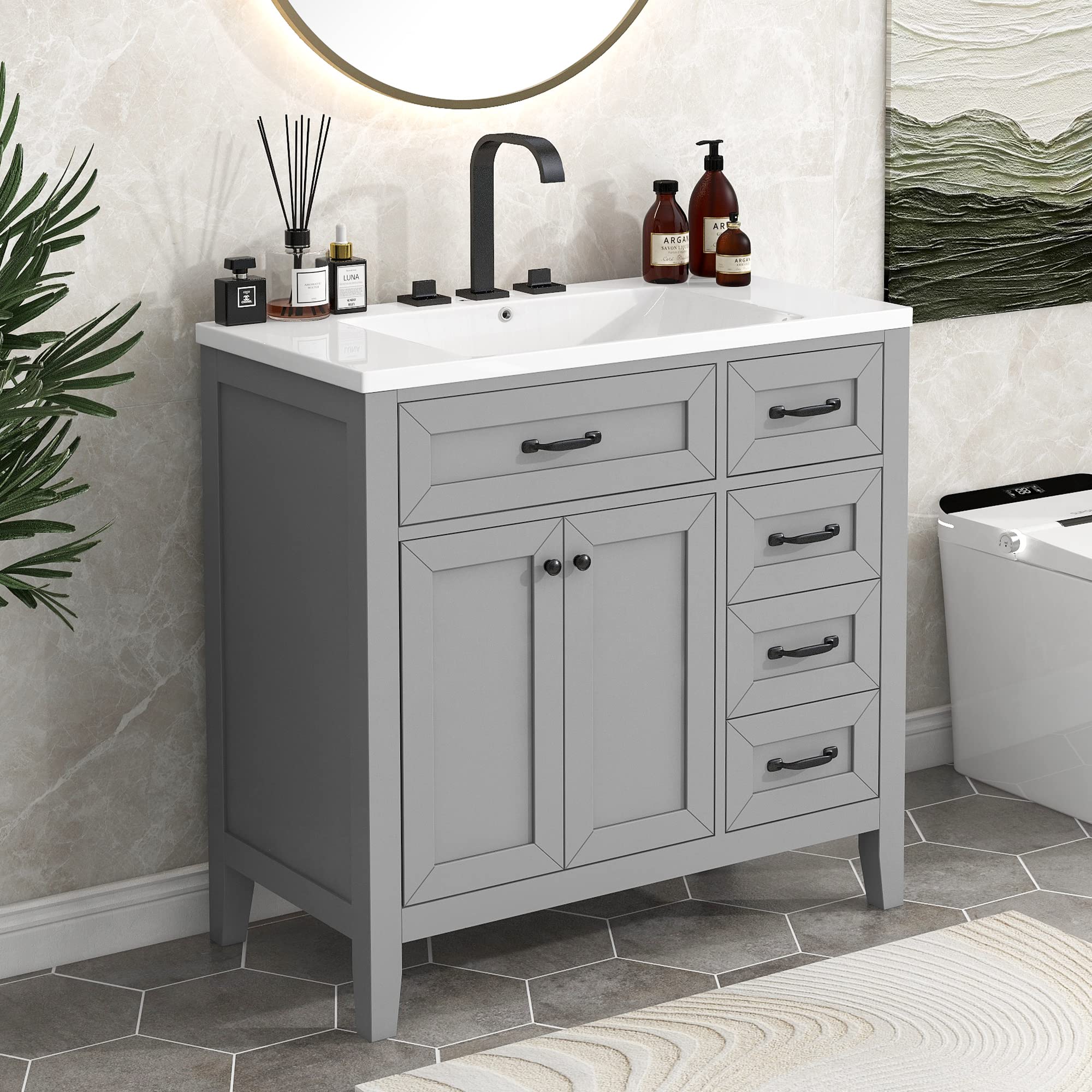 Tomkate 36" Bathroom Vanity with Sink Combo, Modern Freestanding Bathroom Vanities with 2 Doors and 3 Drawers, Bathroom Vanity Cabinet with Ceramic Sink for Bathroom, Grey