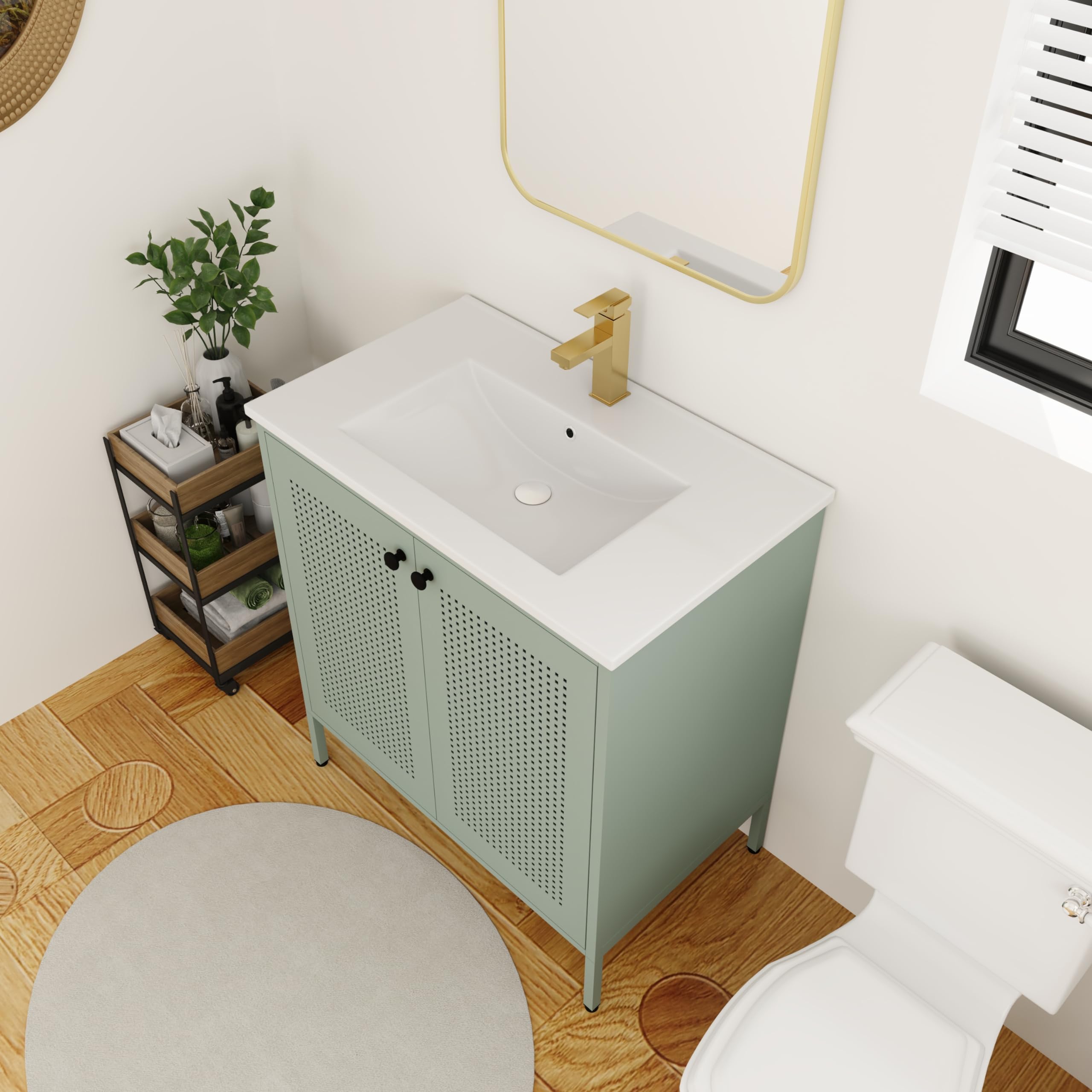 San Merah 30 Inch Bathroom Vanity with Sink Combo,Floor-Mounted Bathroom Vanity with Soft Close Doors&Adjustable Shelf,Modern Freestanding Bathroom Vanity with Top Basin & Storage Cabinet,Green