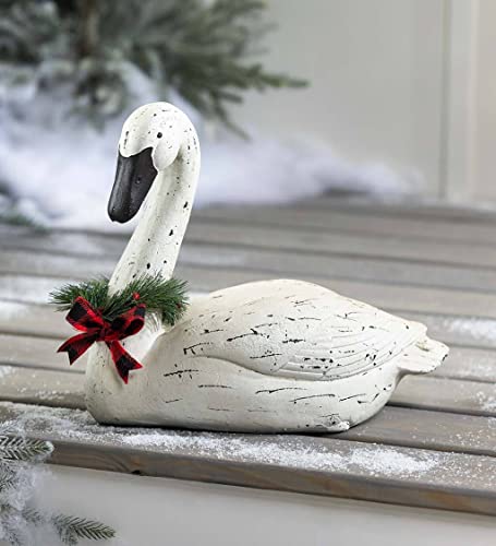 Plow & Hearth Hand-Painted Holiday Swan Statue with Wreath (Down)