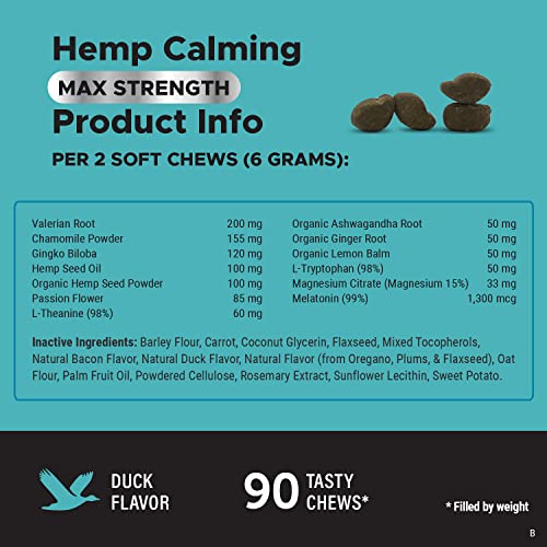 PetHonesty Hemp Calming Max Strength Chews for Dogs - All-Natural Soothing Snacks with Hemp + Valerian Root, Dog Stress & Dog Anxiousness - Helps Aid with Thunder, Fireworks, Chewing & Barking (Duck)