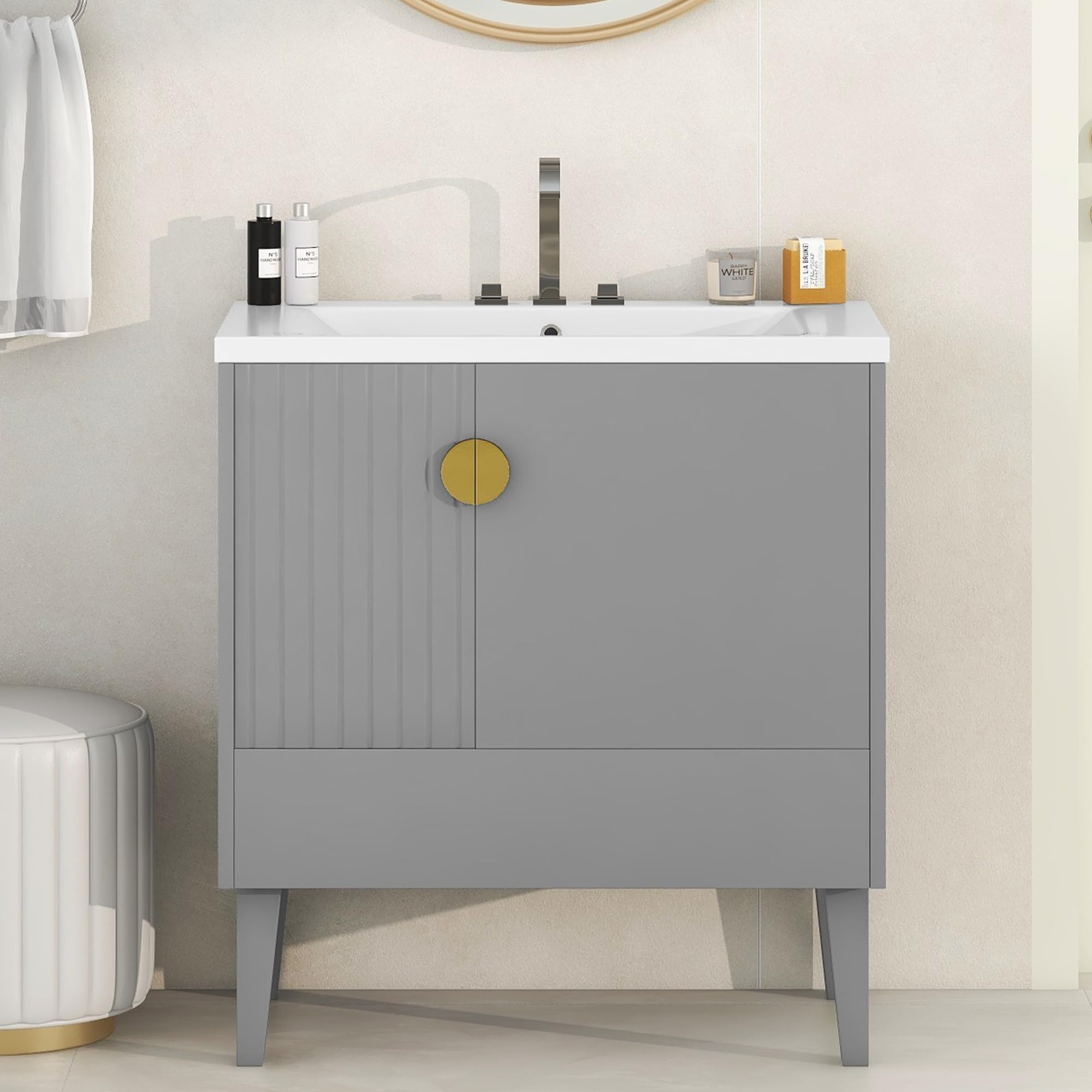 Bellemave 30" Bathroom Vanity with Top Sink, Multi-Functional Bathroom Vanity Set, Bathroom Vanity and Basin Sink Combo with Cabinet and 2 Drawers for Bathroom No Mirror (Grey)