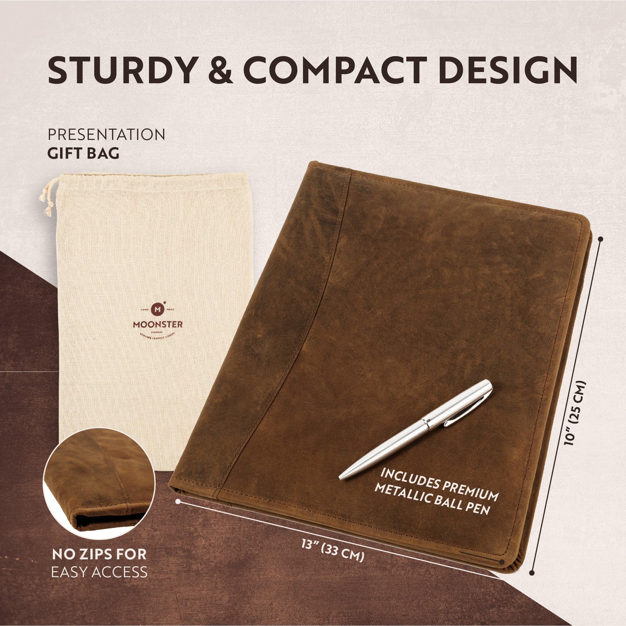 Leather Portfolio Professional Organizer Padfolio – Resume Folder with Luxury Pen, Stylish Document Folio for Letter Size Writing Pad w/ Business Card Holder, Portfolios for Men & Women MOONSTER®